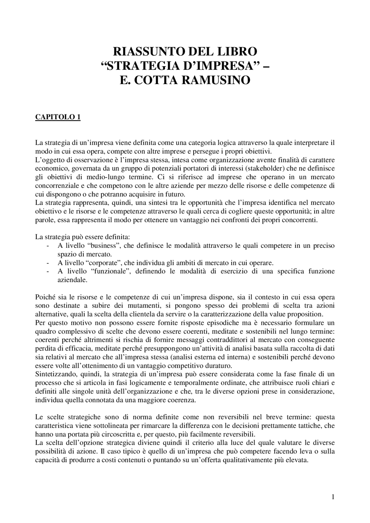 Strategia Dimpresa Cotta Ramusino Onetti Riassunto Docsity