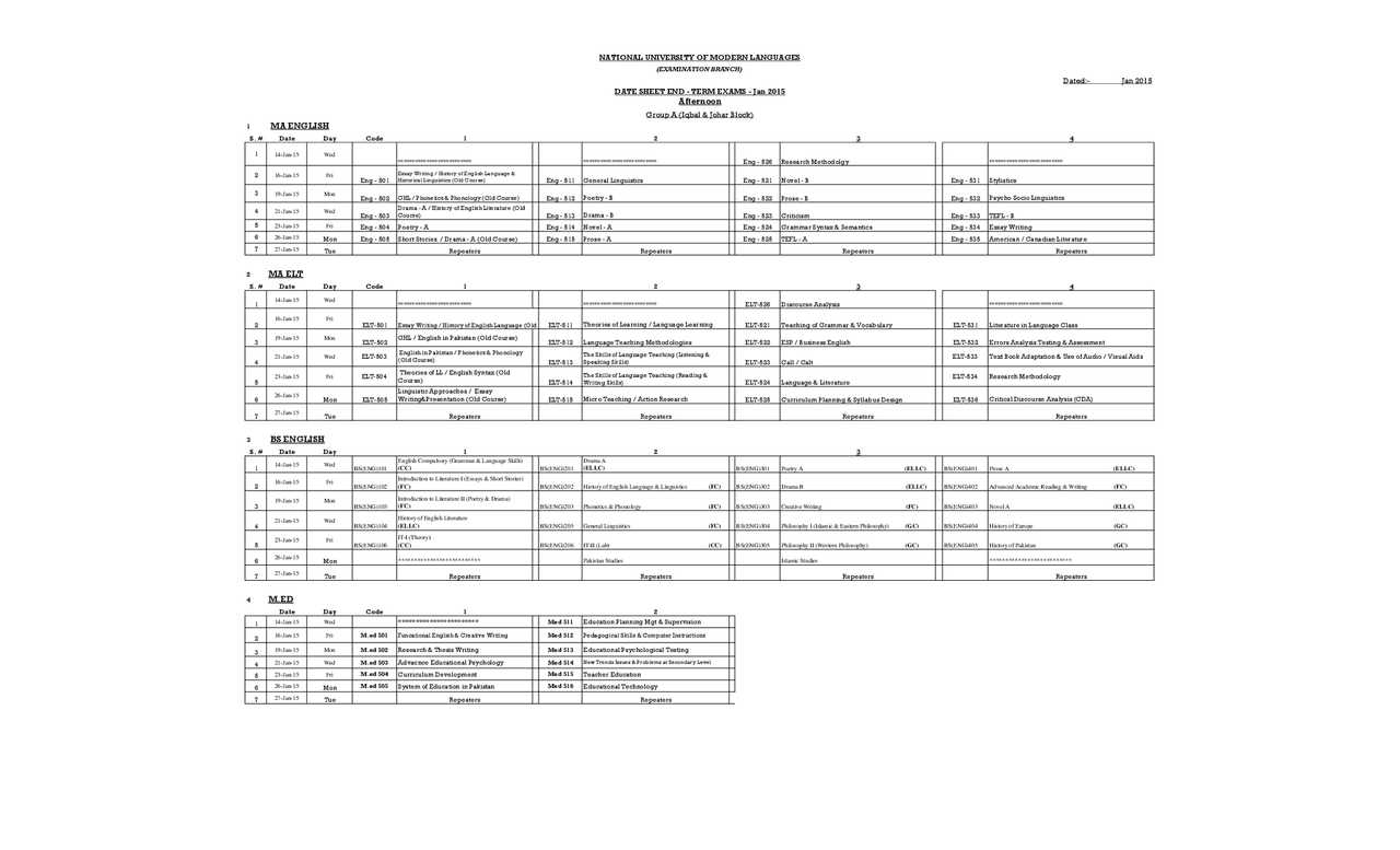NUML DATE SHEET - Docsity