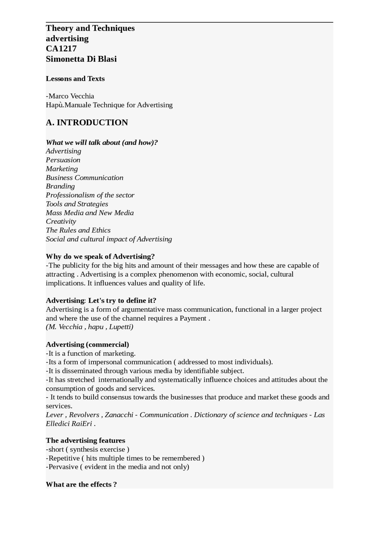 2014 Riassunto Pubblicità Notes In Inglese Docsity