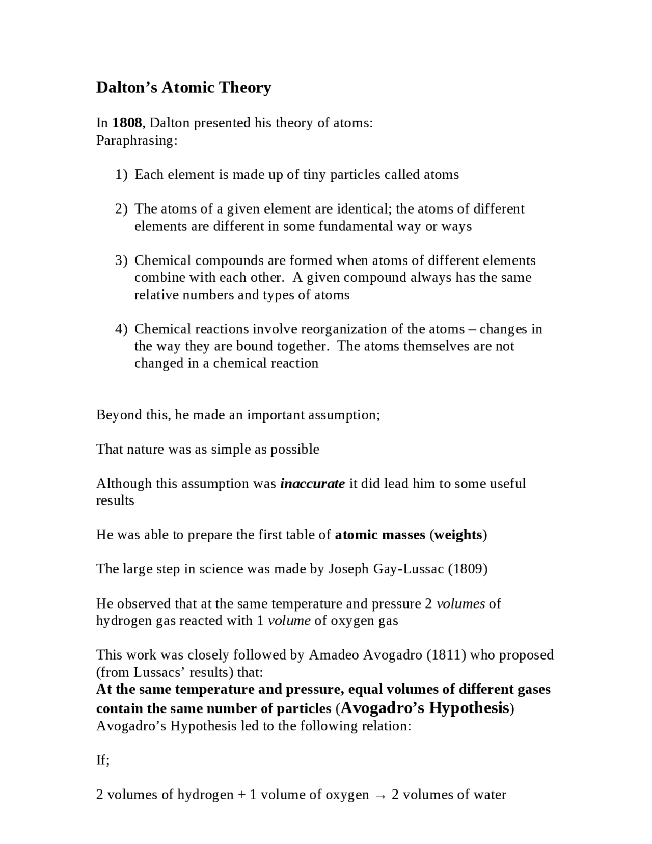 Lecture Notes On Daltons Atomic Theory Chm 121 Docsity