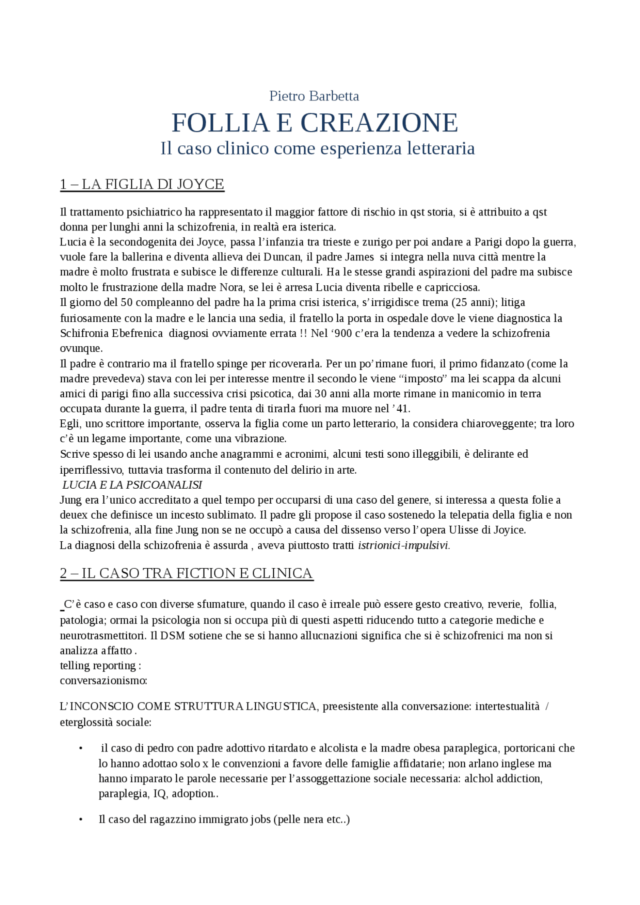Riassunto Follia E Creazione Barbetta Docsity