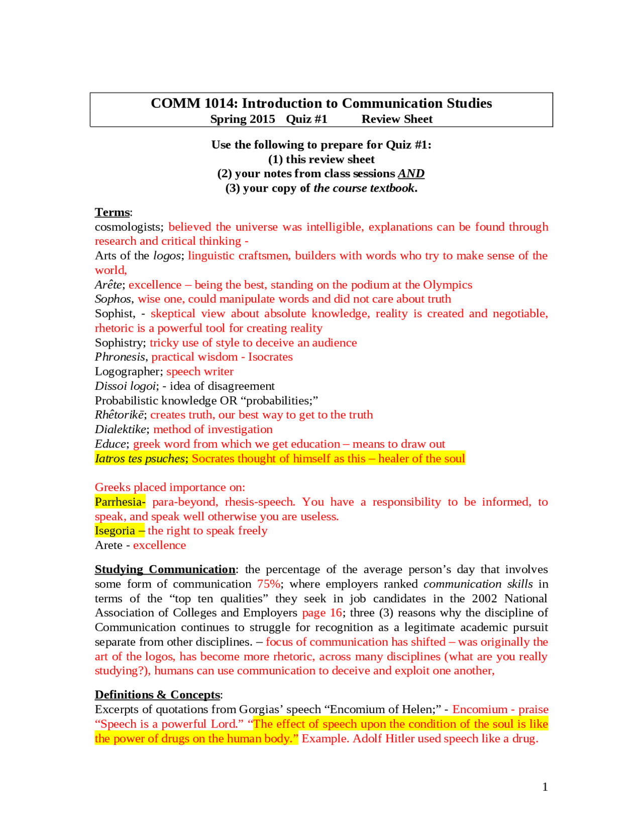Quiz 1 Notes for Exam Practice - Introduction to Communication Studies ...
