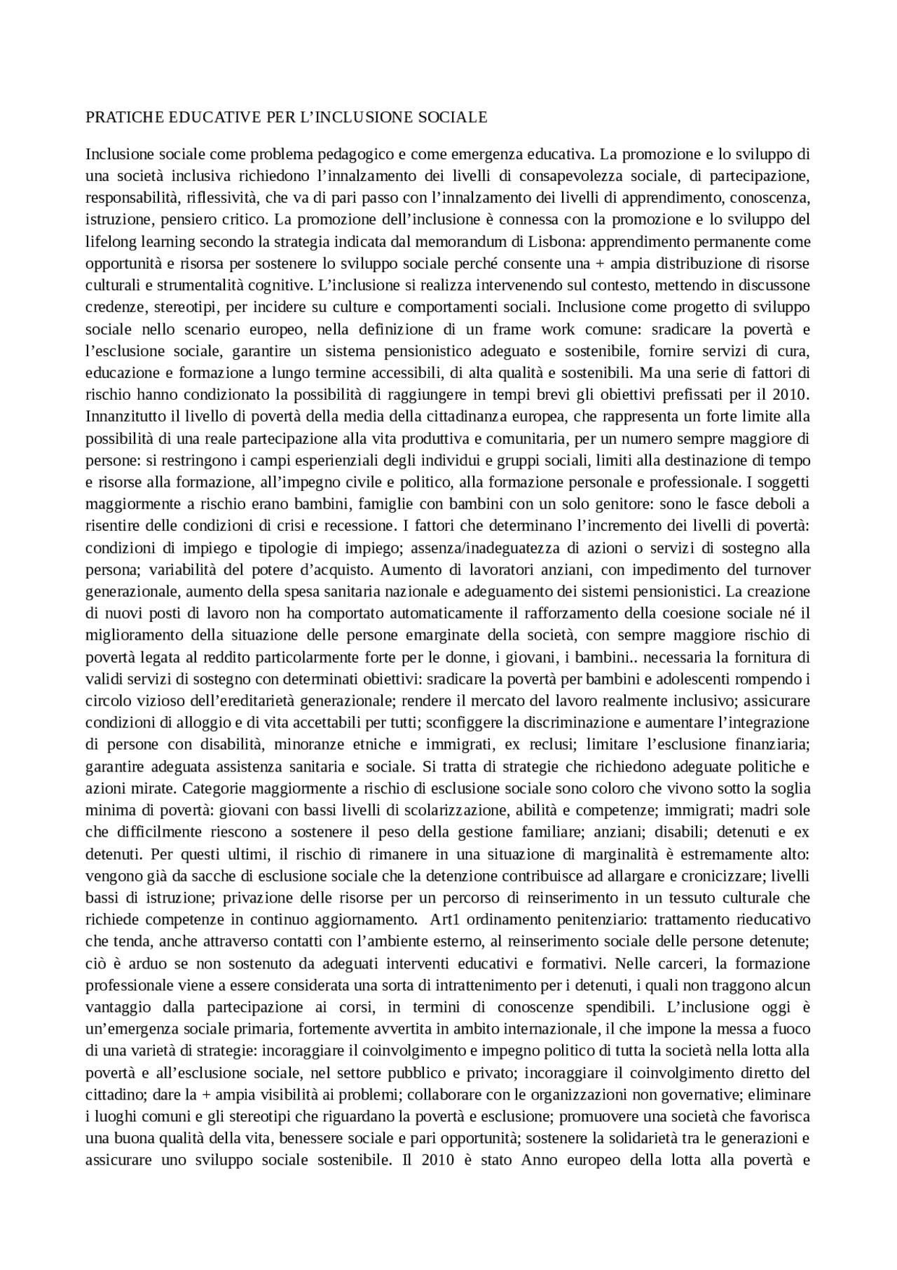 Riassunto Pratiche Educative Per Linclusione Sociale Docsity
