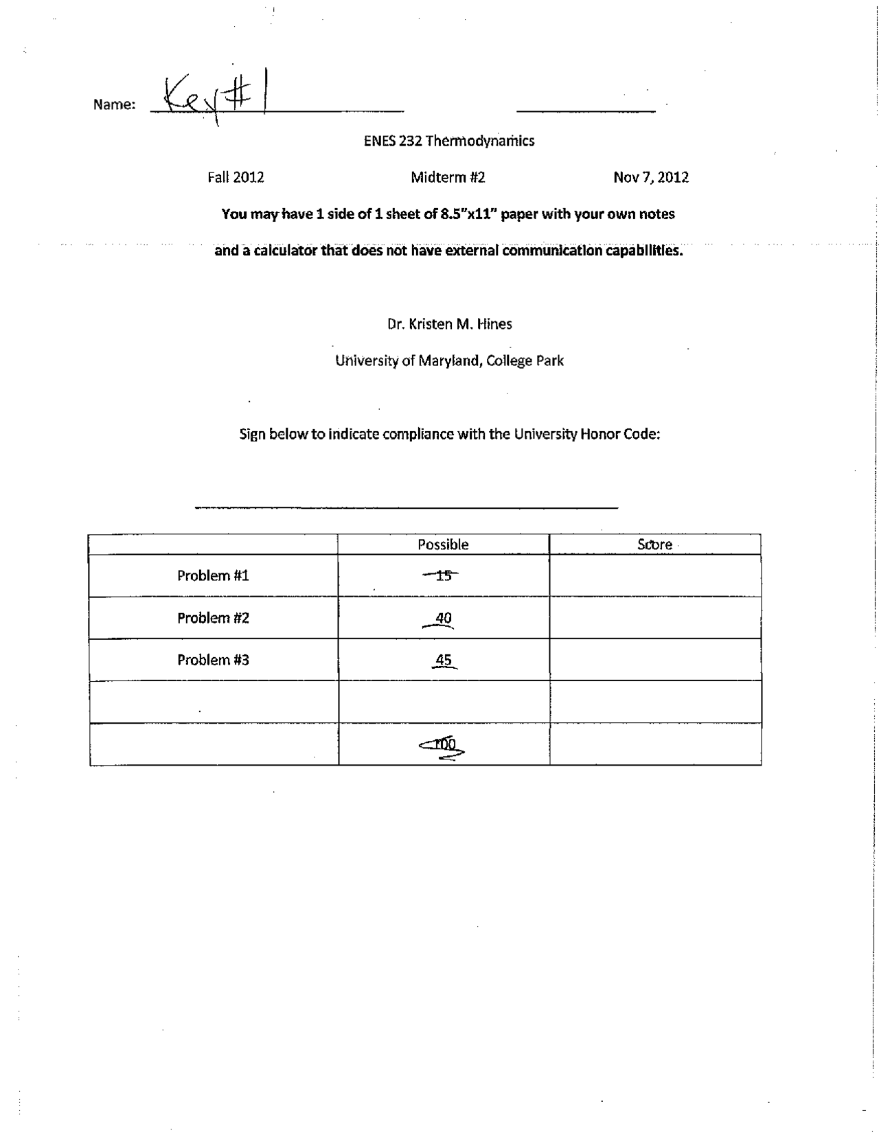 Midterm Exam 2 With Answer Key Thermodynamics Enme 232 Docsity