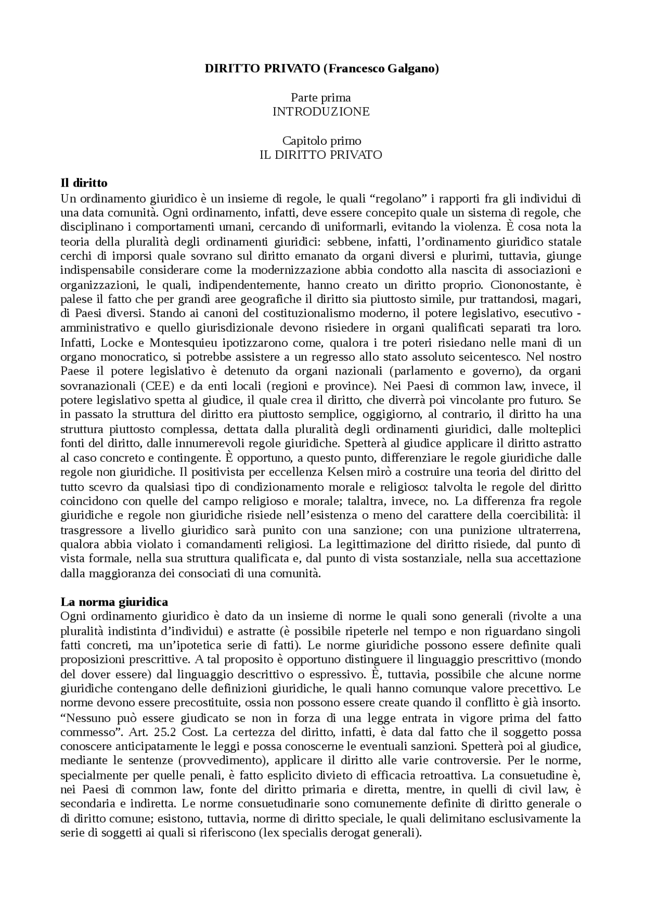 Diritto privato galgano riassunto completo - Docsity