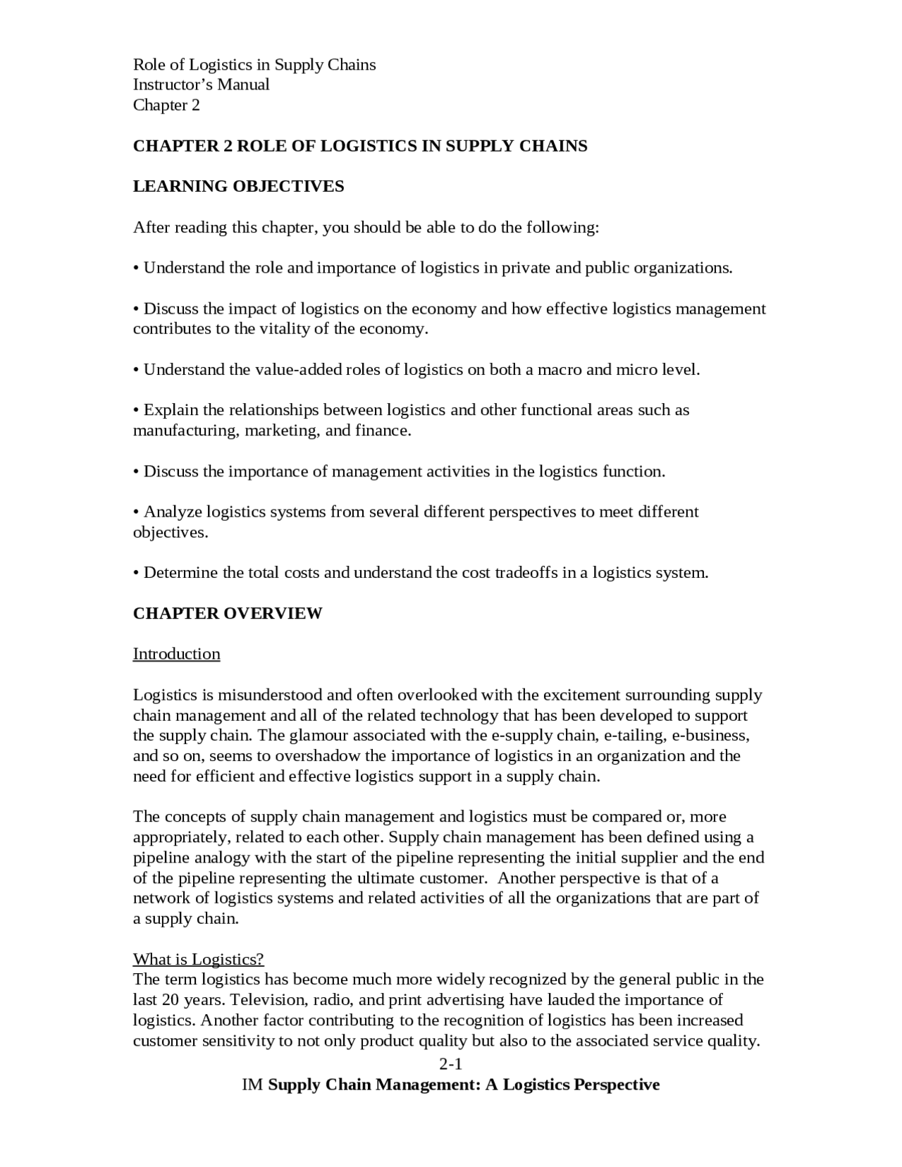 Course Outline for Role of Logistics in Supply Chain | LSCM 3960 - Docsity