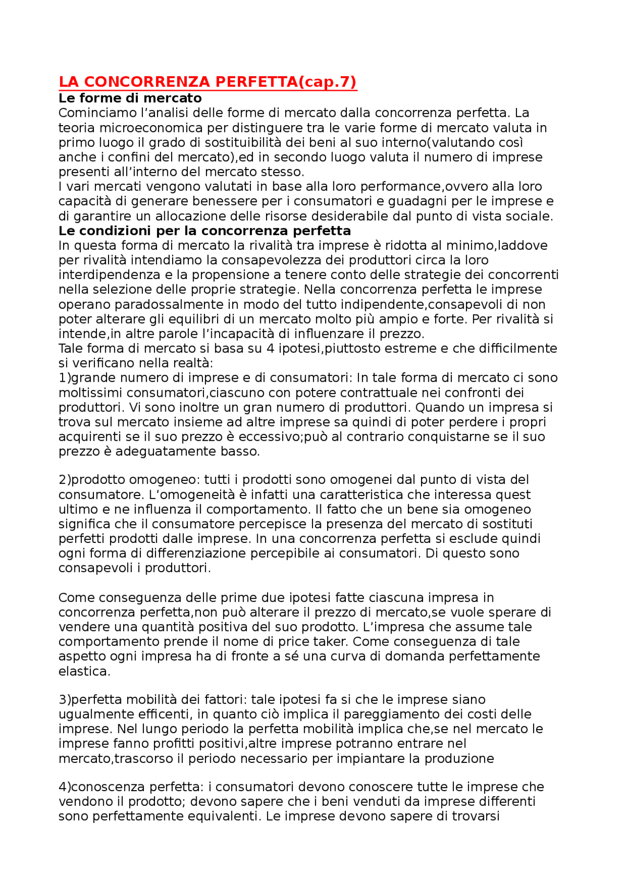 Cap 7 La Concorrenza Perfetta Docsity
