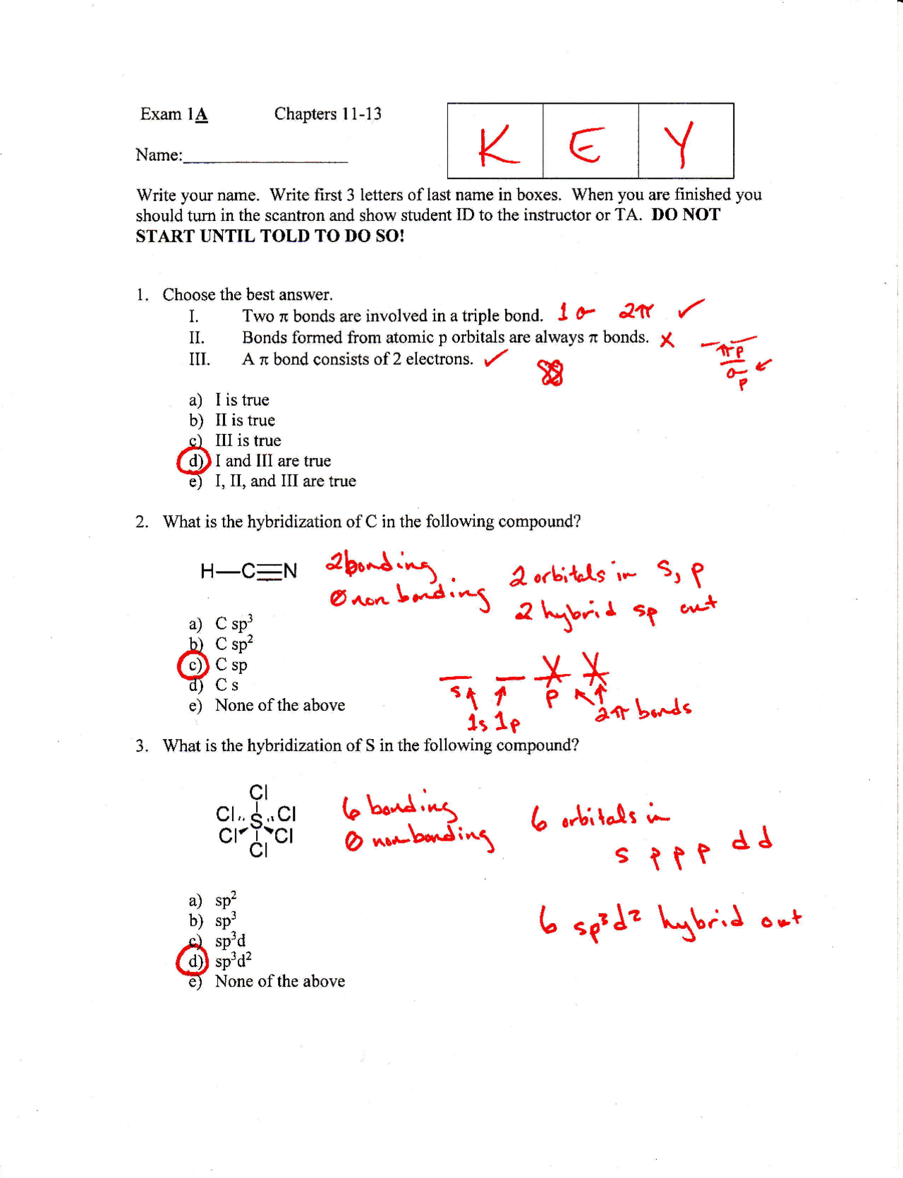 Exam Solution Key General And Inorganic Chemistry Chem 210 Docsity