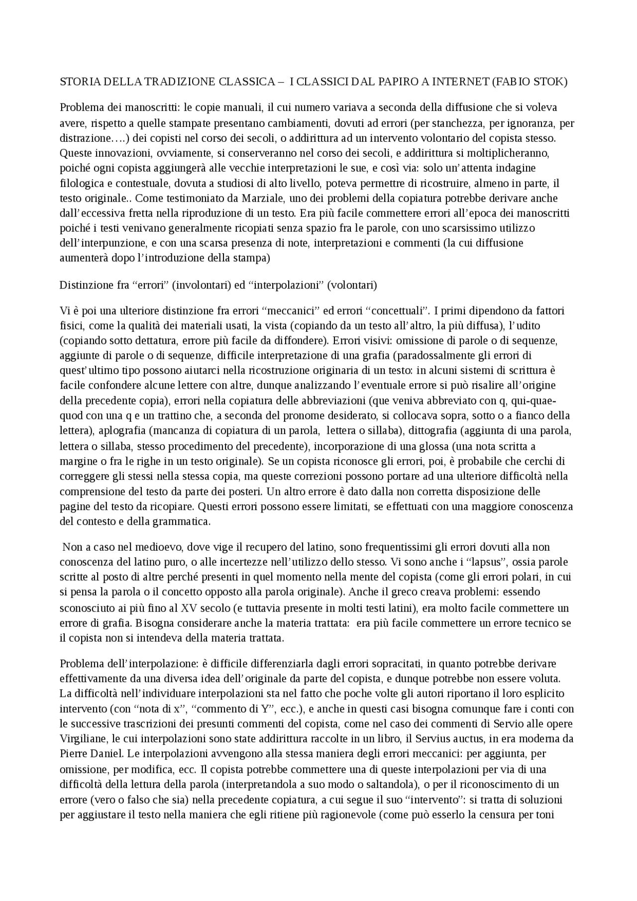Riassunto I classici dal papiro a internet capitoli, Fabio Stok, Cap. 2 ...