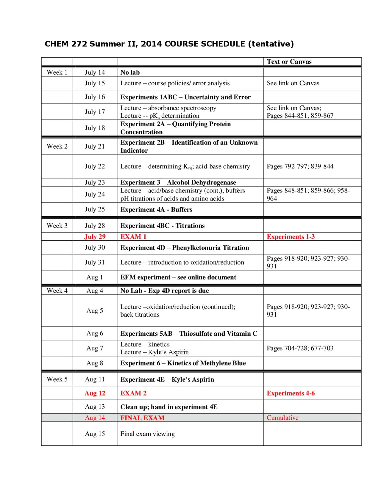 Lab Schedule for General Bioanalytical Chemistry Lab | CHEM 272 - Docsity