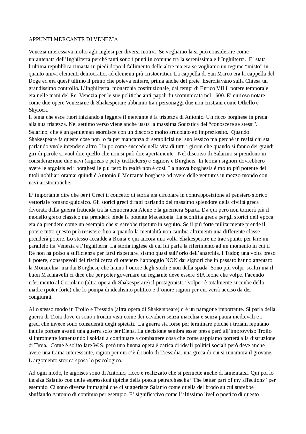 Appunti Shakespeare Mercante Di Venezia Othello Saggi Docsity
