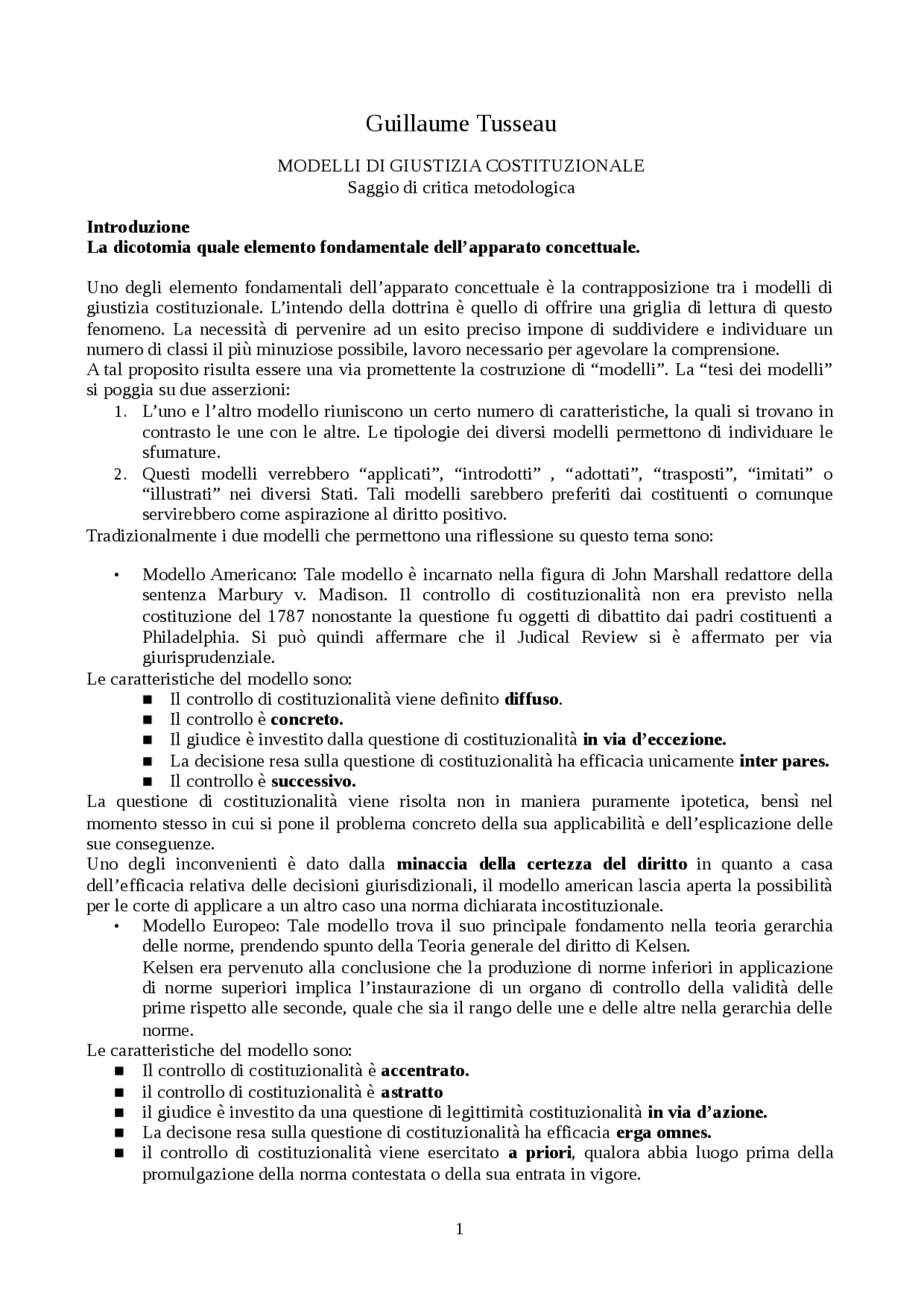 Riassunto Modelli Di Giustizia Costituzionale Guillaume Tusseau Docsity