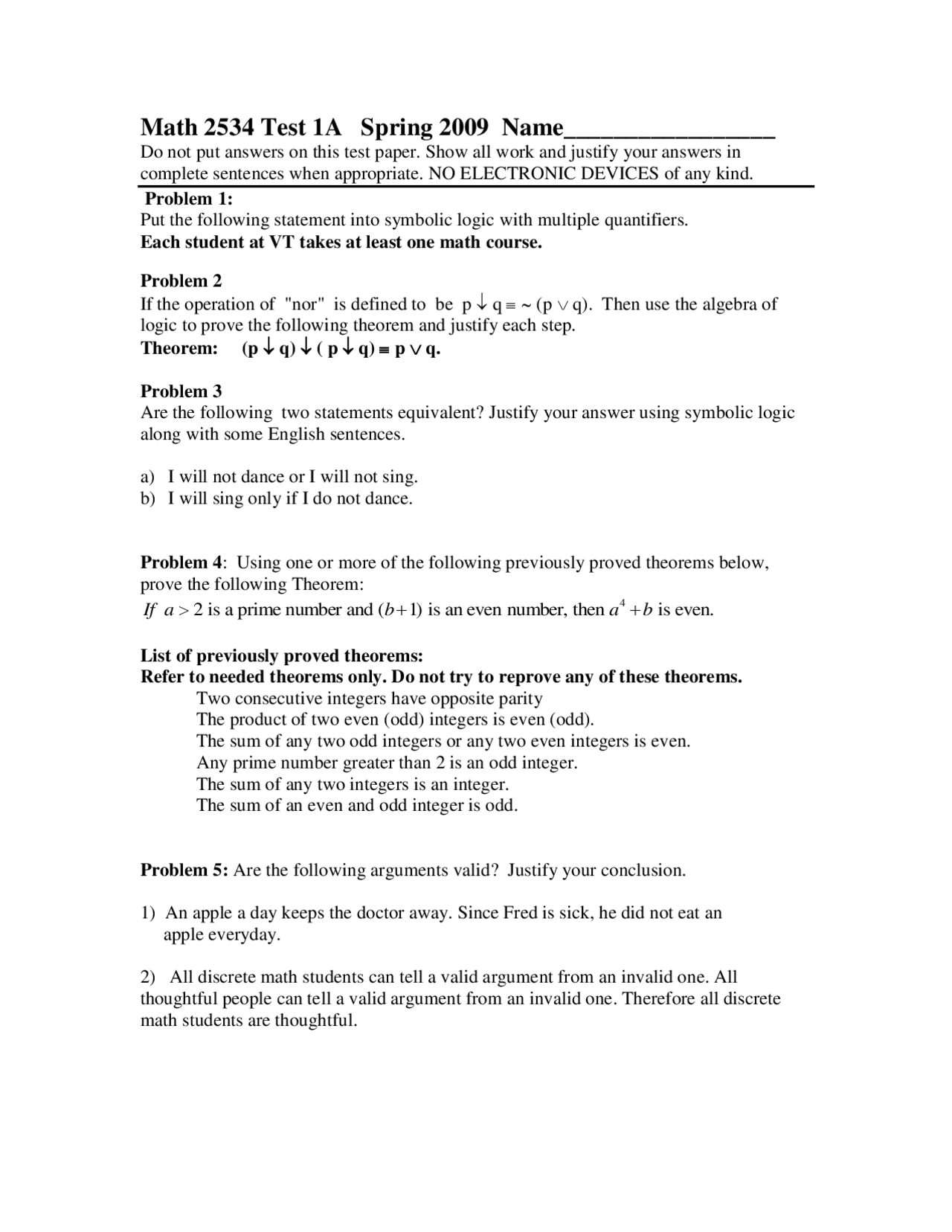 Exam 1 Problems for Solution - Introduction to Discrete Math | MATH 2534 - Docsity
