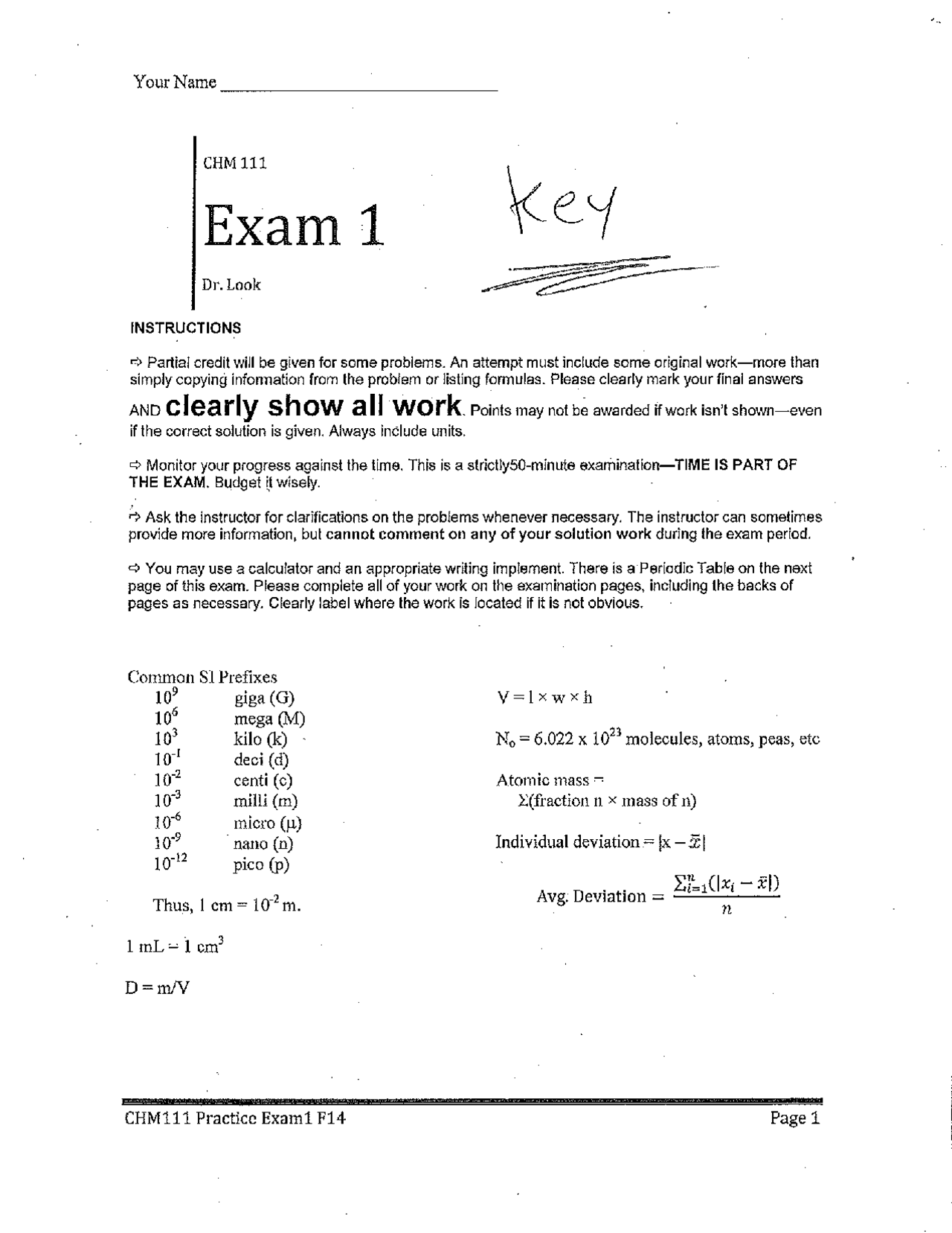 Exam 1 With Solution For Introductory Chemistry I Chem 1101k Docsity