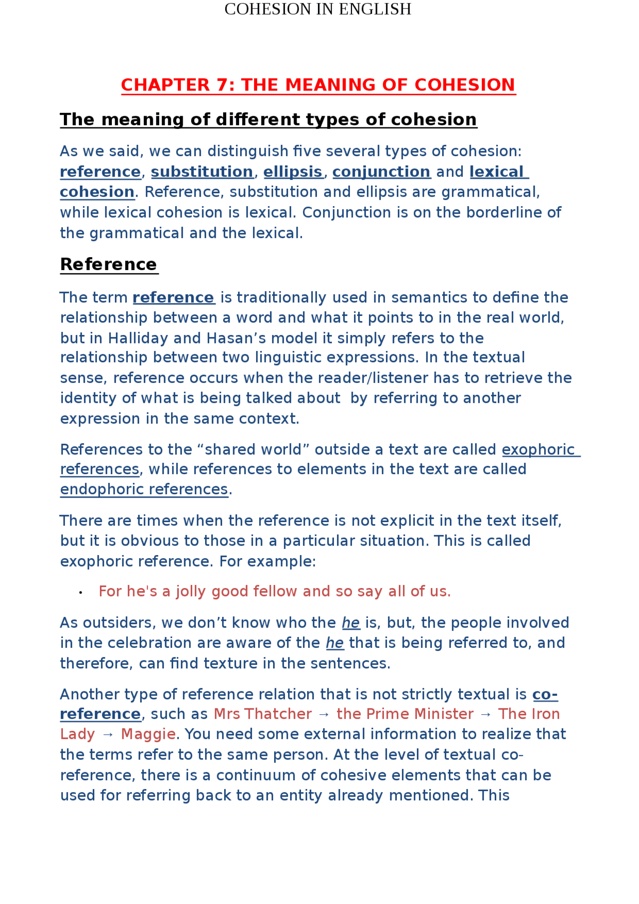 Cohesion in english, chapter 7 | Sintesi del corso di Linguistica ...