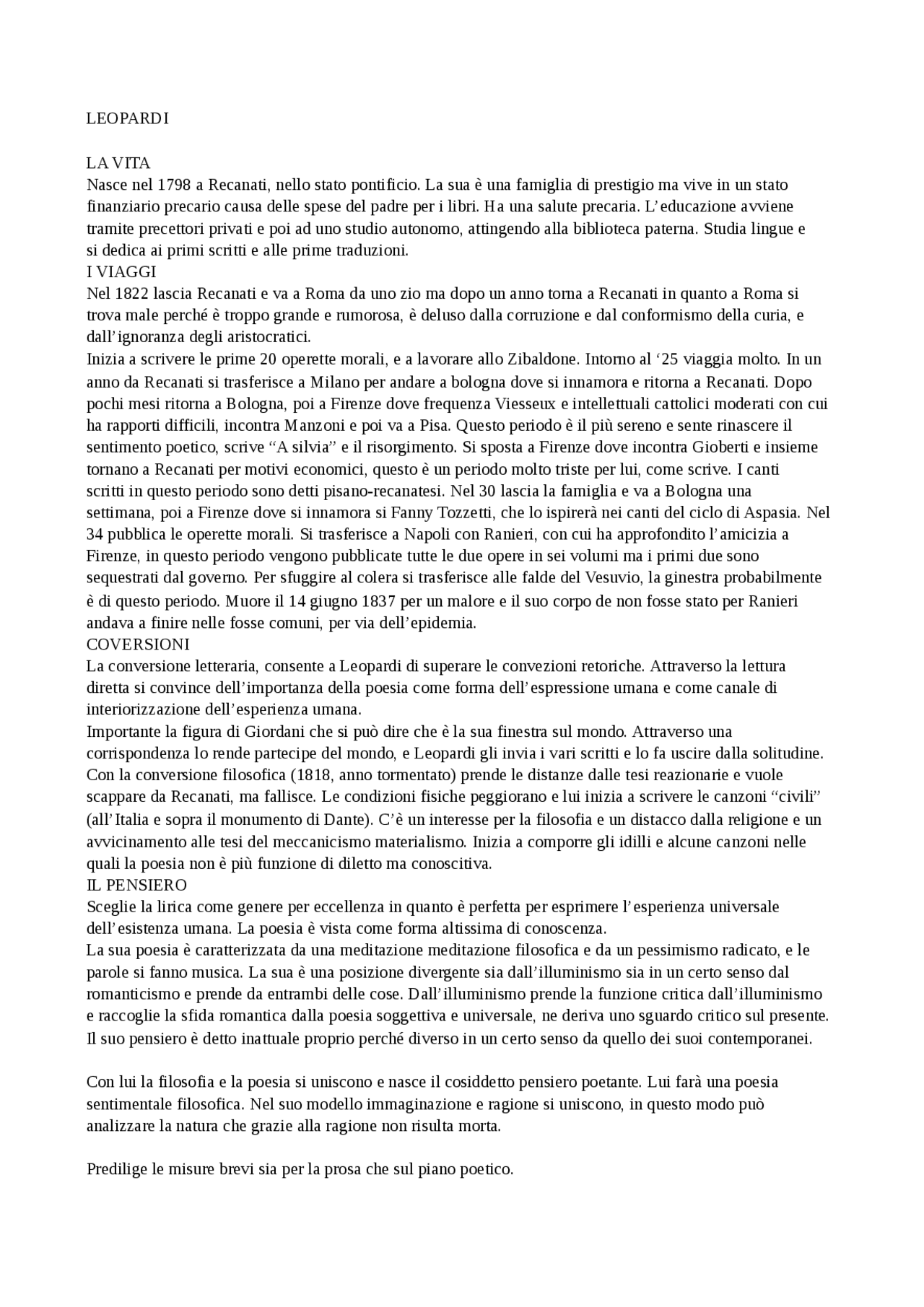 Riassunto Leopardi Docsity