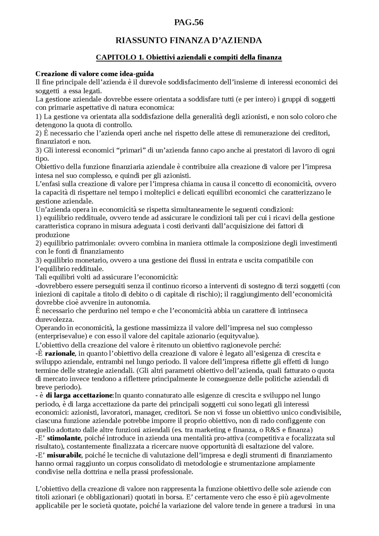 Riassunto Finanza Dazienda Dallocchio Docsity
