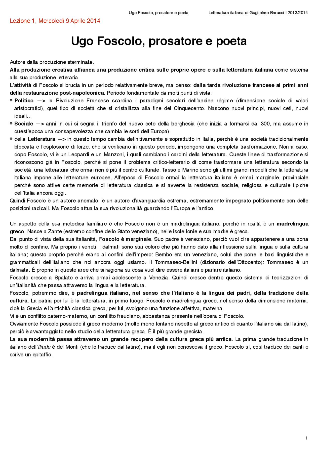 Appunti Lezioni Su Foscolo Docsity