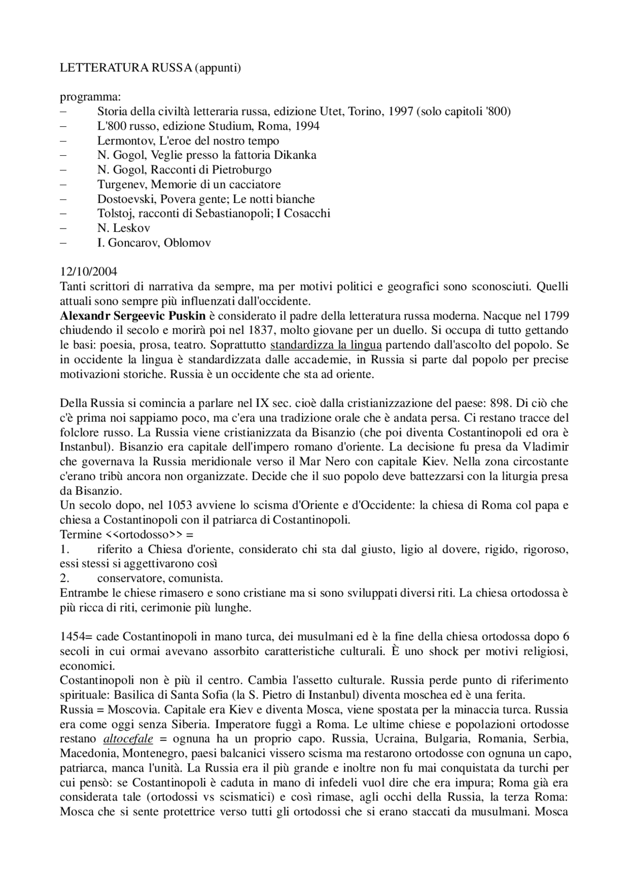 Appunti Di Letteratura Russa Docsity