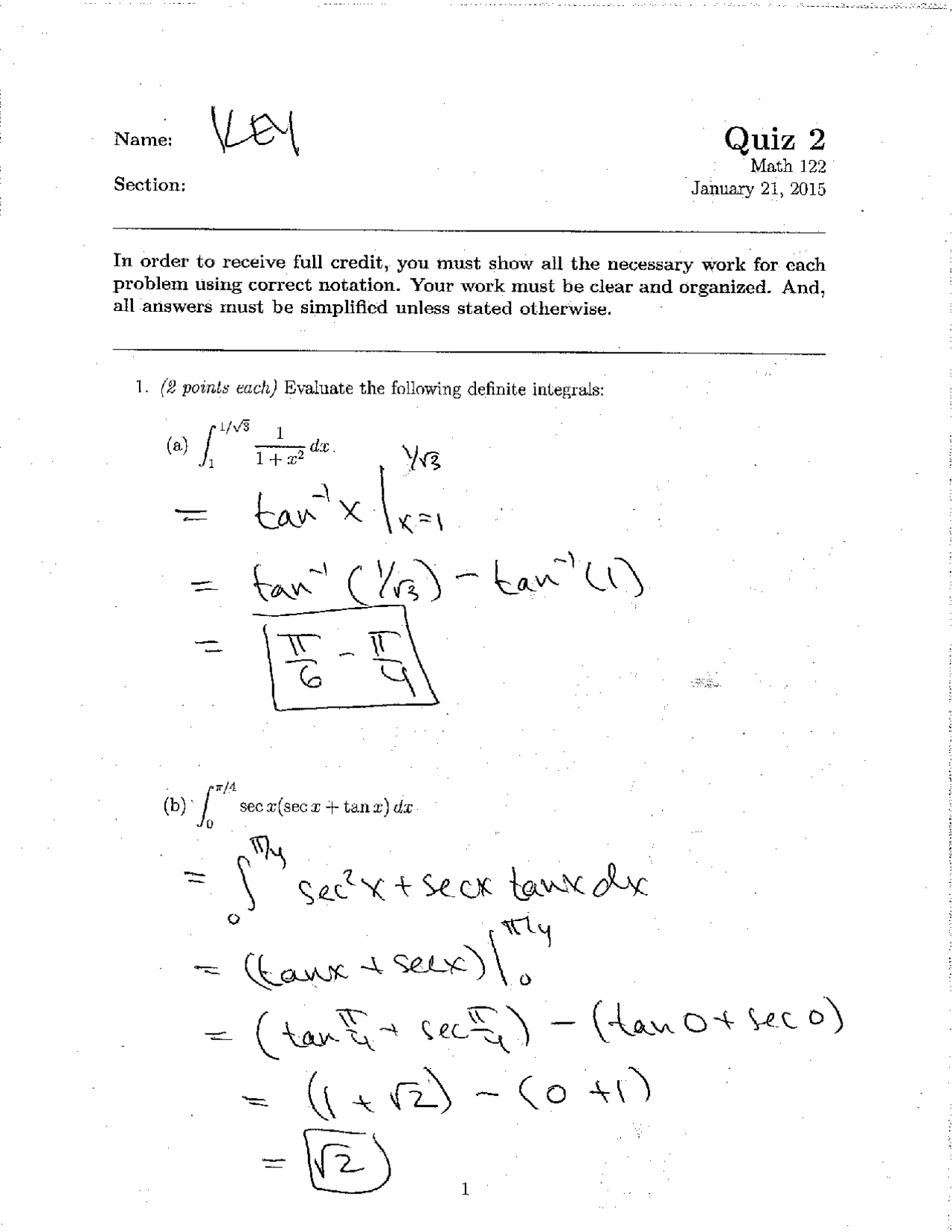 6 Questions On Calculus Ii With Solution Quiz 2 Math 122 Docsity