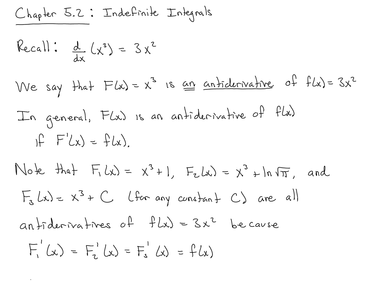 Handwritten Notes On The Indefinite Integral And Antiderivatives Math