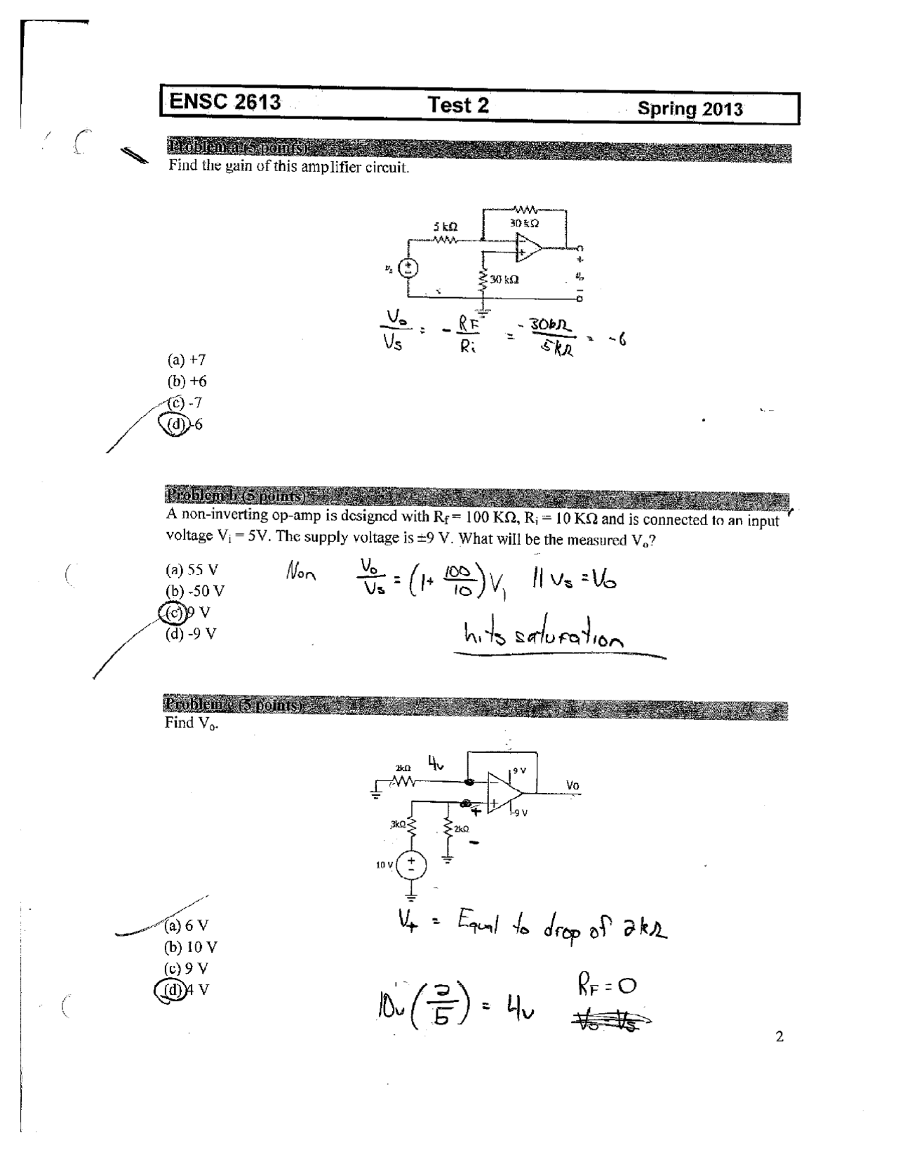 Test 2 With Answer Introduction To Electrical Science Ensc 2613