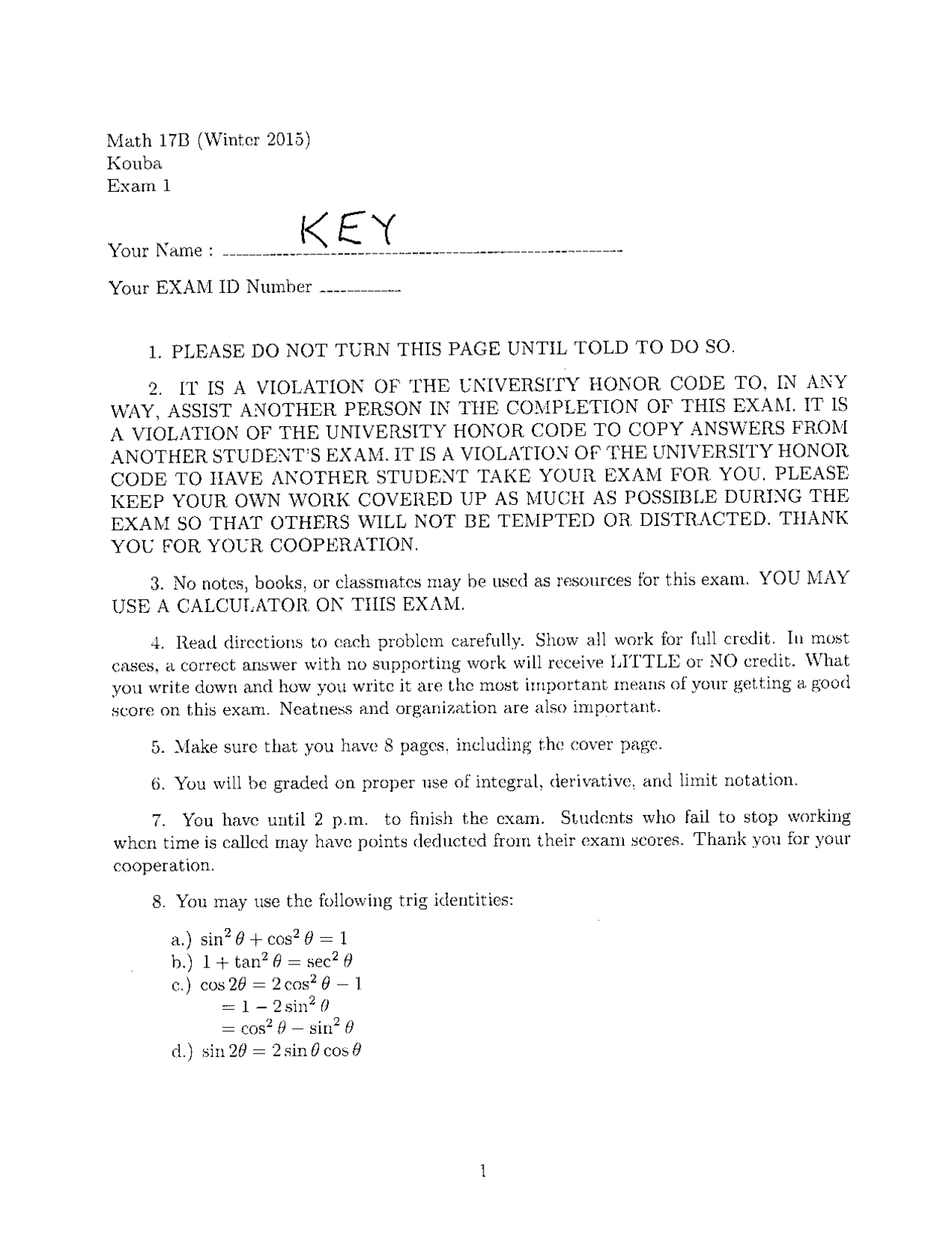 8 Solved Problems On The Integrals Method Exam 1 Mat 017b Exams