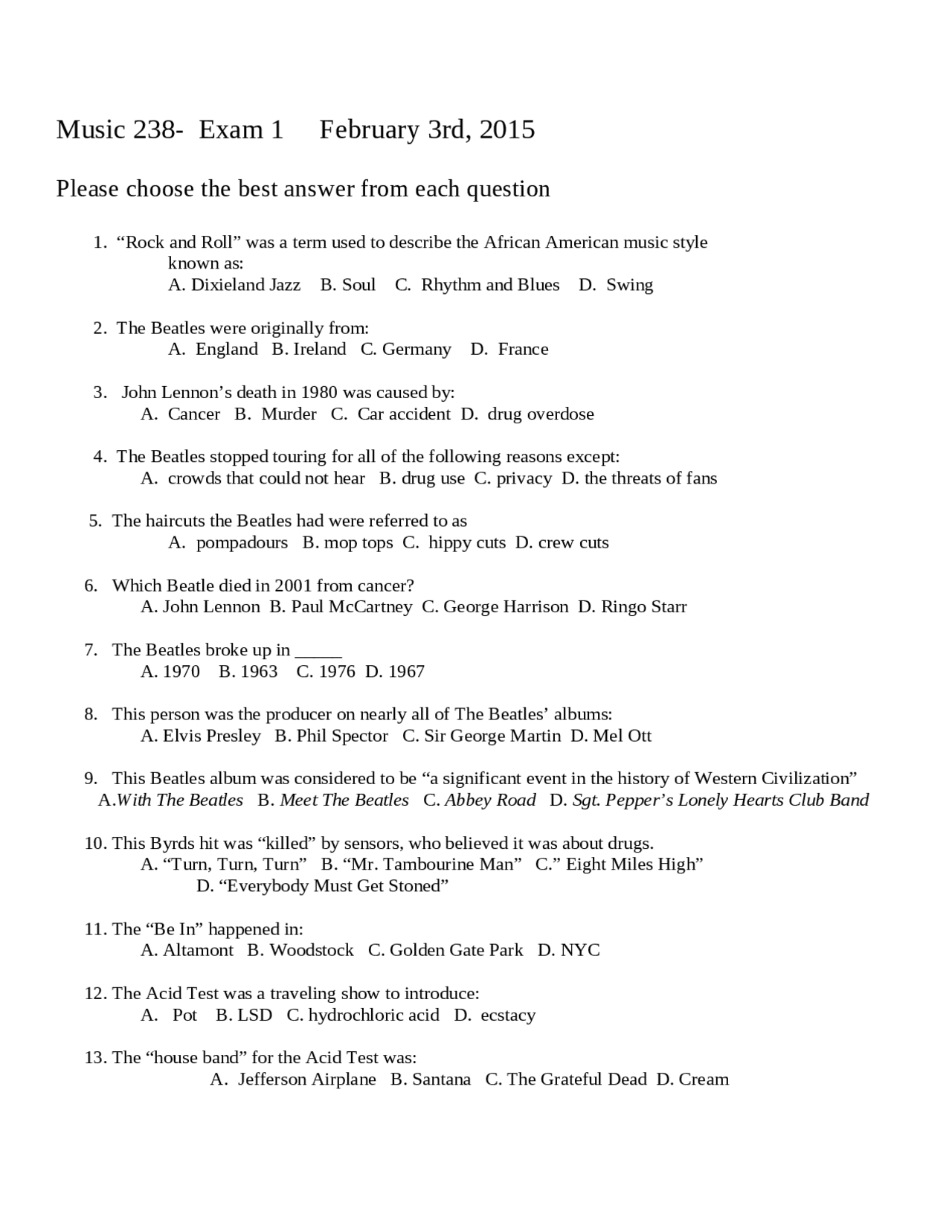 Rock Music Since Midterm Exam 1 Questions Musc 238 Docsity