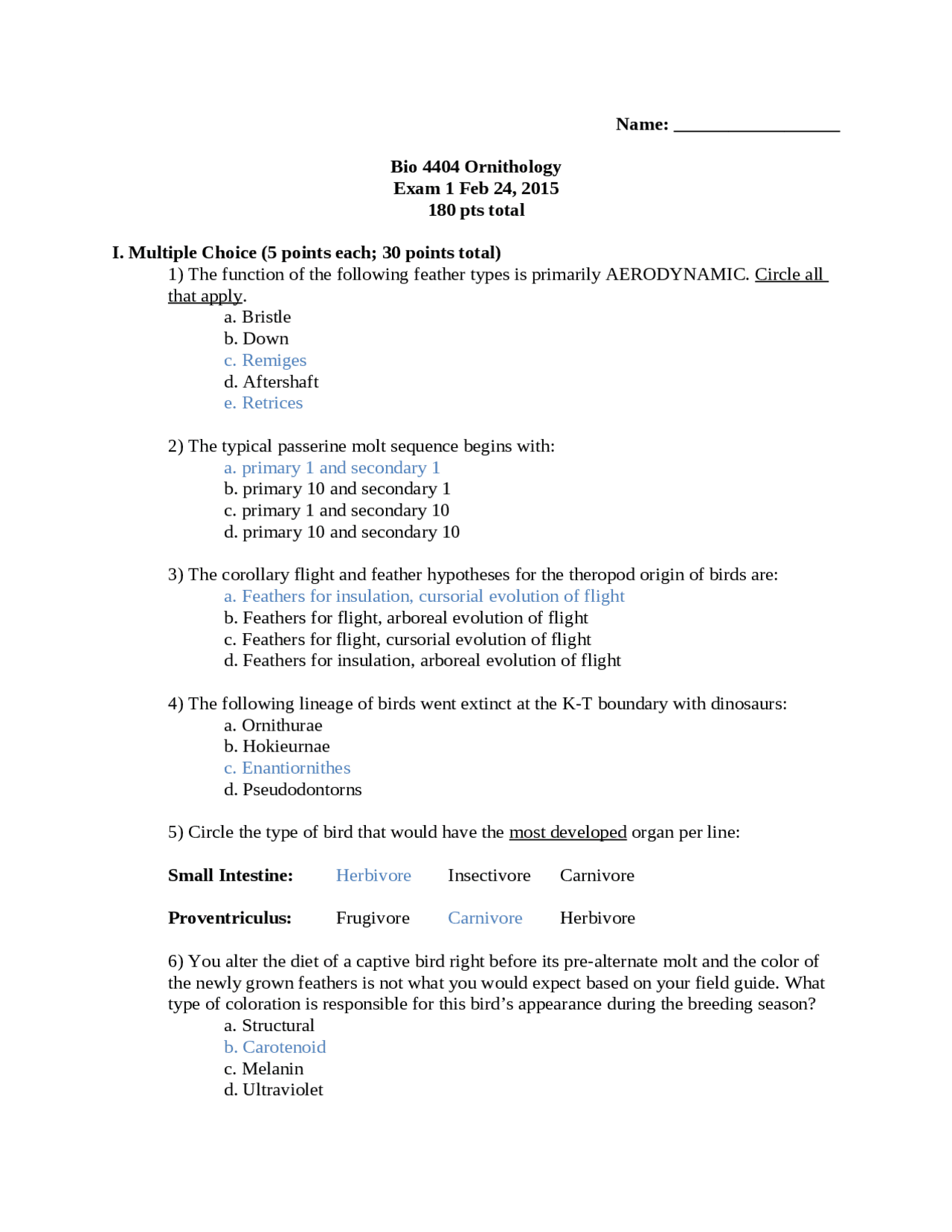 Exam 1 Answer Key - Ornithology | BIOL 4404 - Docsity