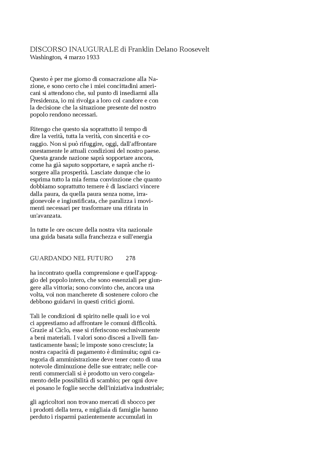 Discorso Inaugurale Di Franklin Delano Roosevelt Docsity