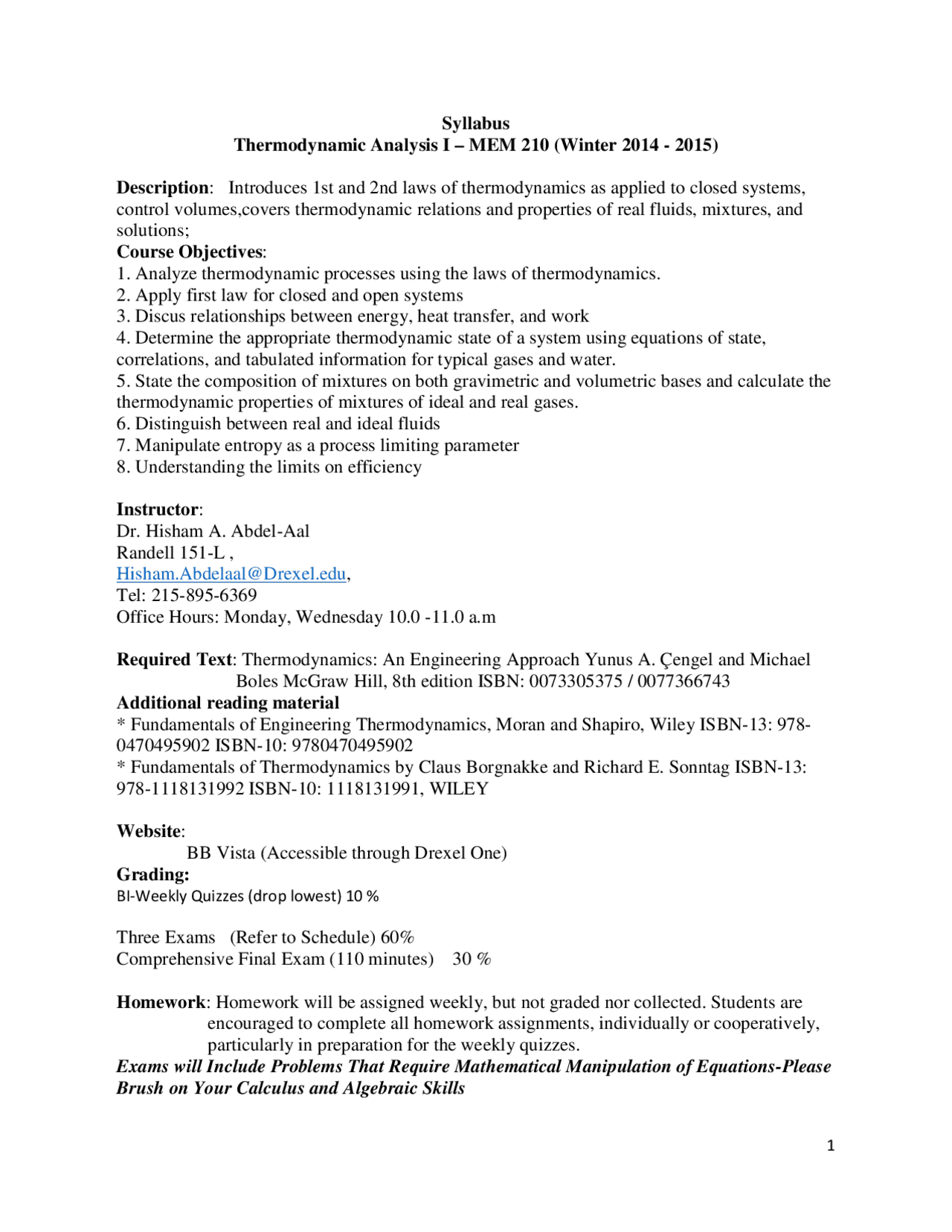 Introduction To Thermodynamics I Syllabus Engr 210 Docsity