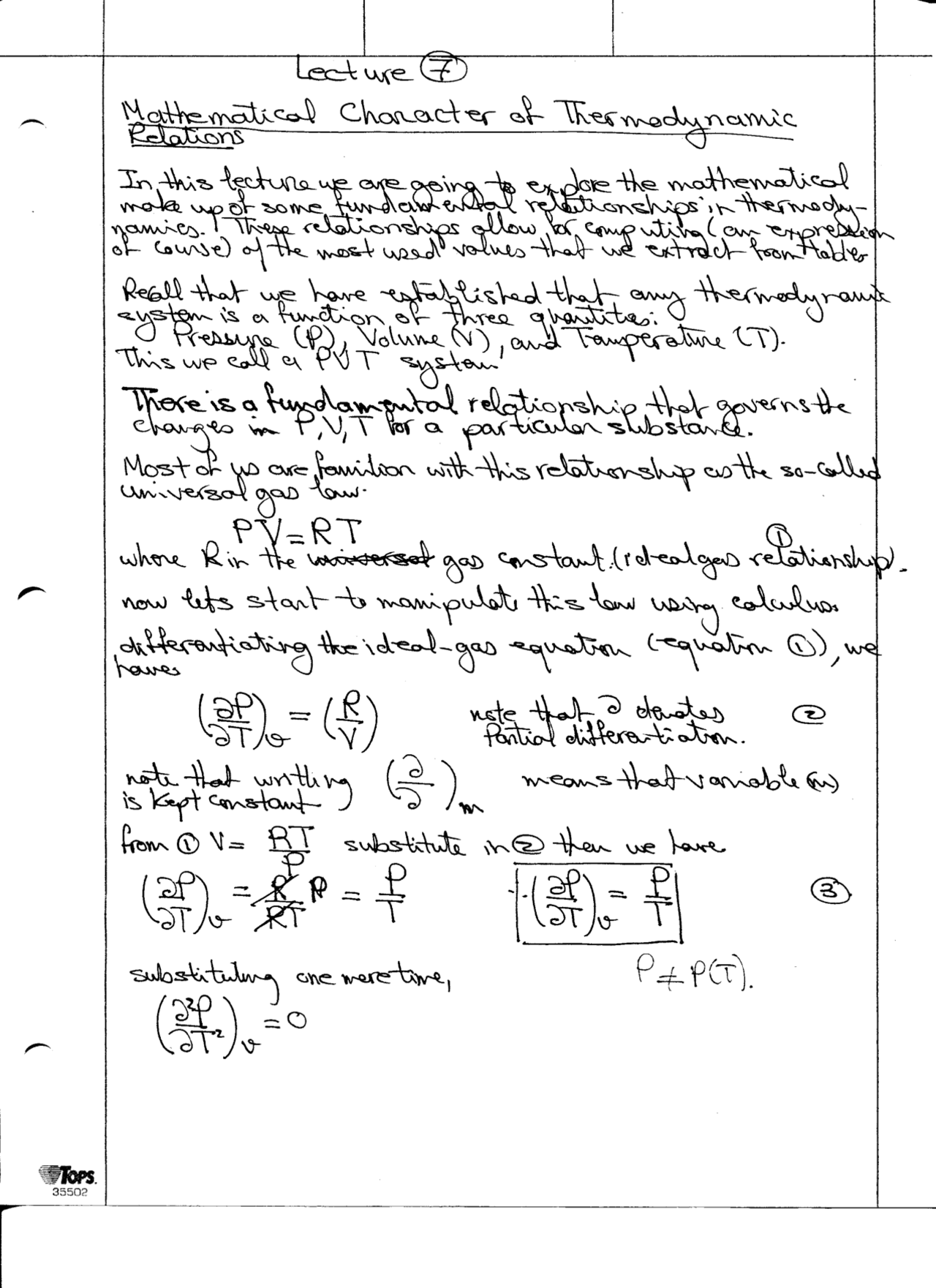 Lecture Notes - Mathematical character of thermodynamic relations ...