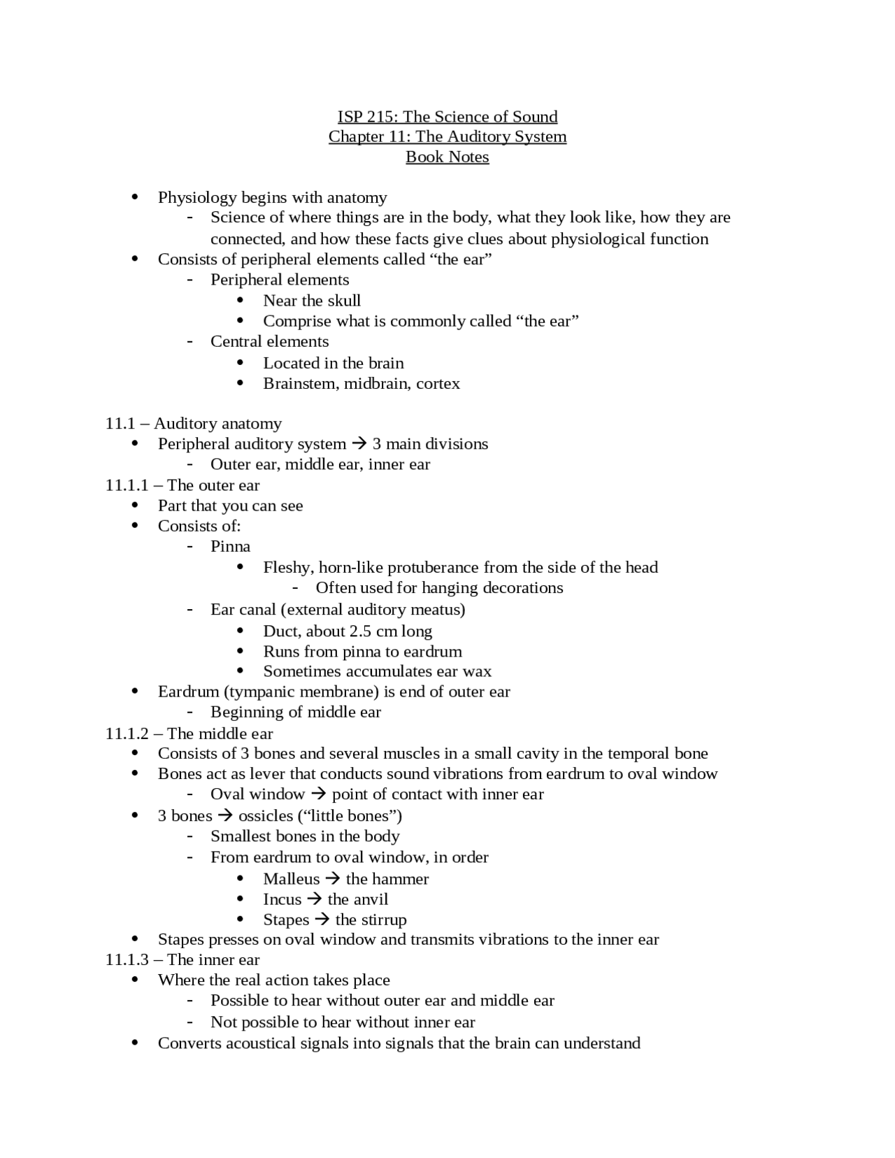 Auditory System in the Science of Sound - Study Guide | ISP 215 - Docsity
