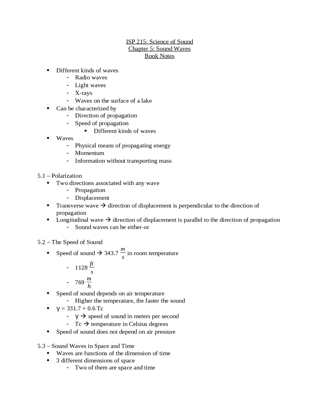 Notes On Sound Waves The Science Of Sound Isp 215 Docsity