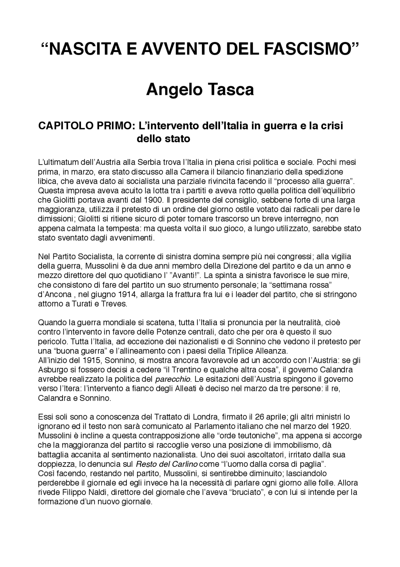 Riassunto Nascita e avvento del fascismo - Angelo Tasca - Docsity