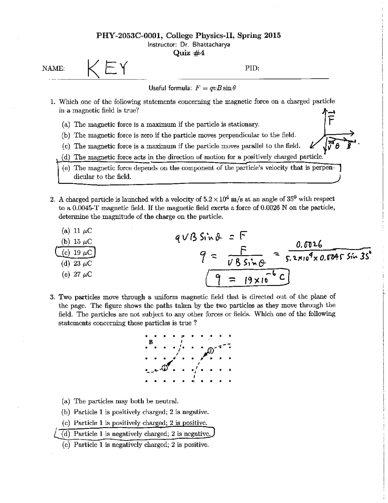 Quiz 3 with Solution for College Physics II | PHY 2054 - Docsity