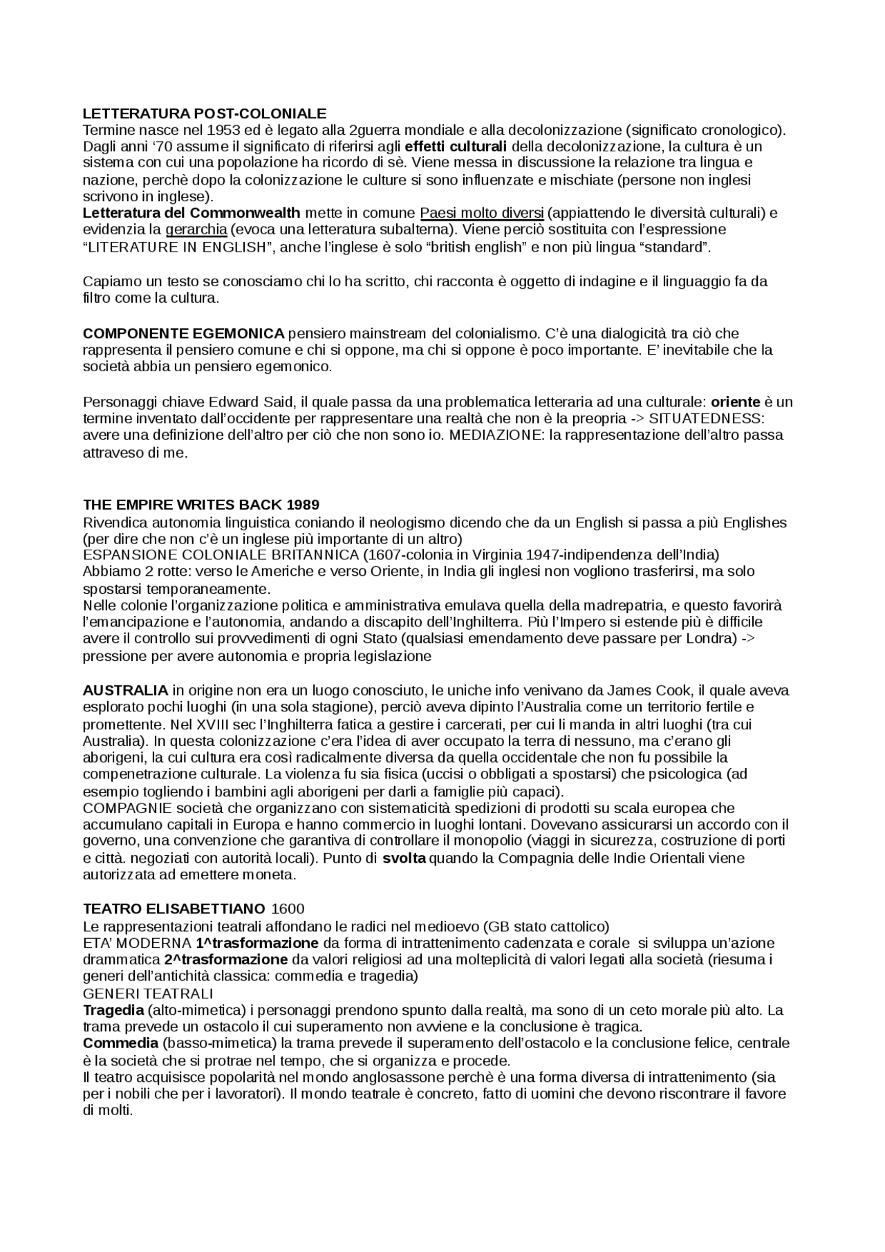 Letteratura inglese postcoloniale | Appunti di Letteratura Inglese | Docsity