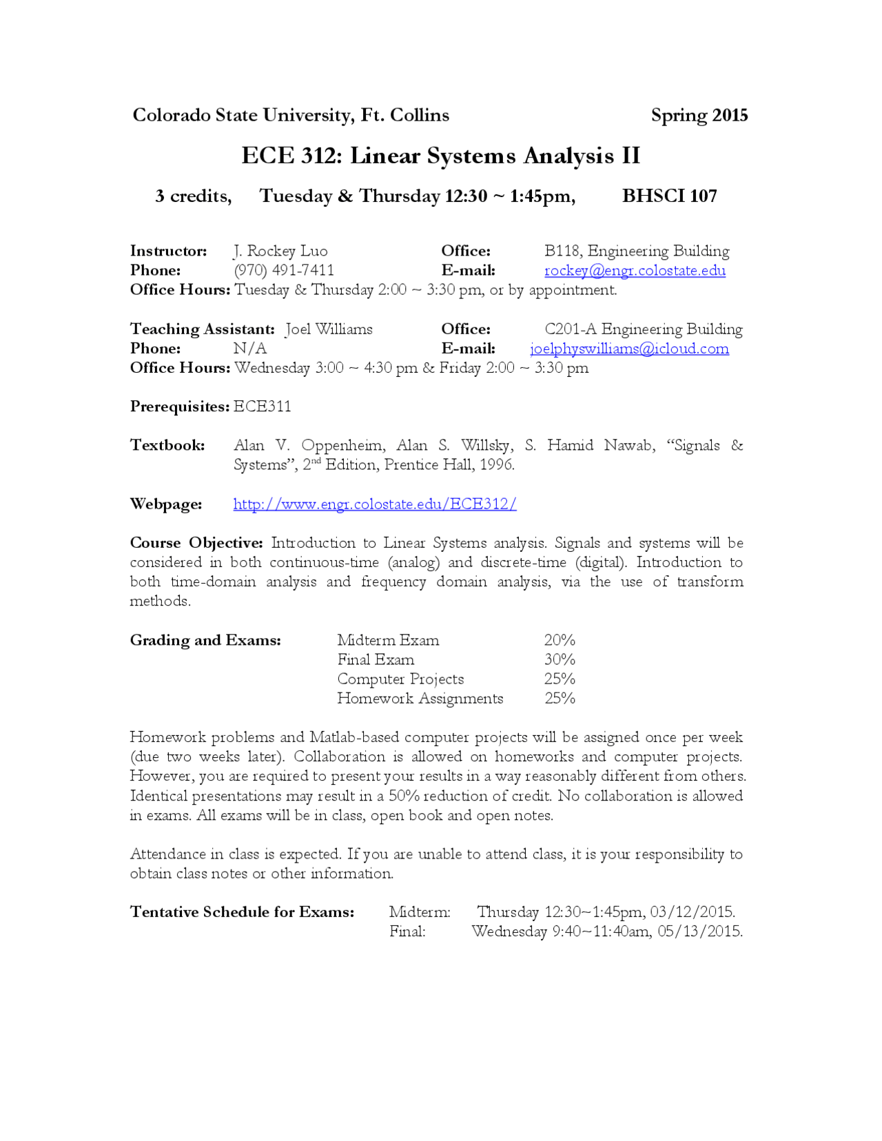 Introductory Course Syllabus For Linear System Analysis Ii Ece 312