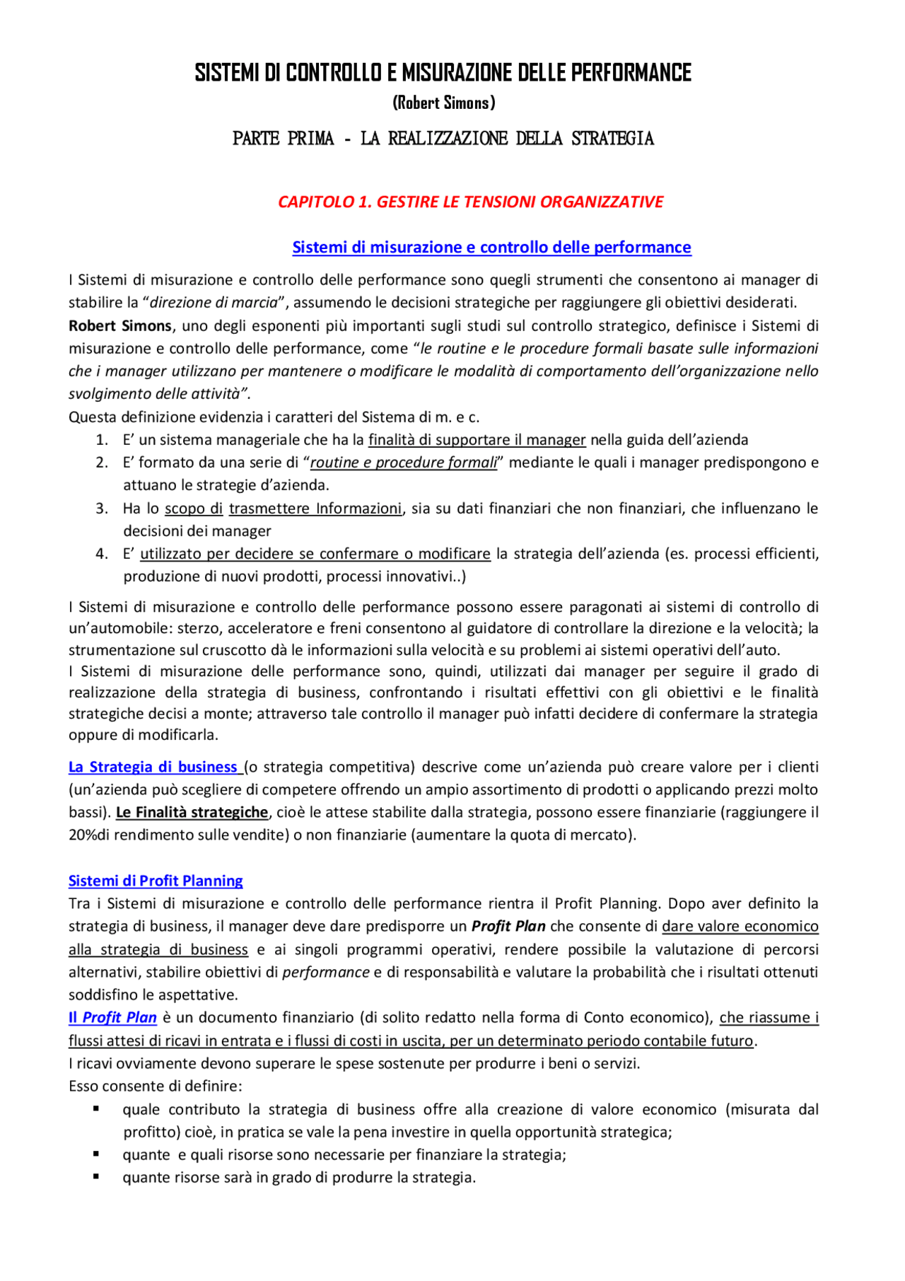 Riassunto Sistemi Di Controllo E Misurazione Delle Performance Simons