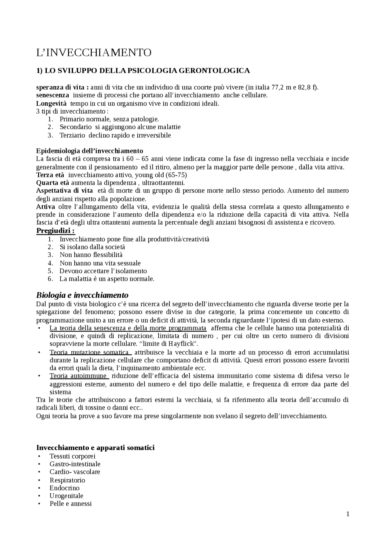 Linvecchiamento Docsity