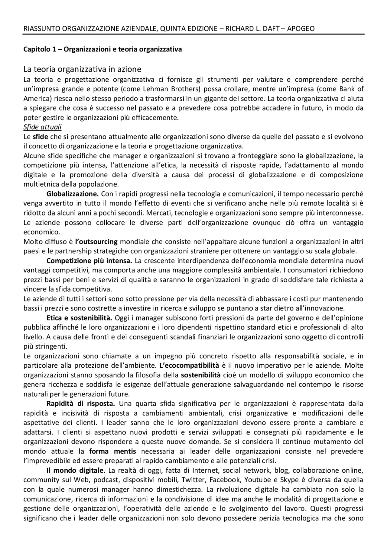 Riassunto Organizzazione Aziendale Daft Esame Unicatt Docsity