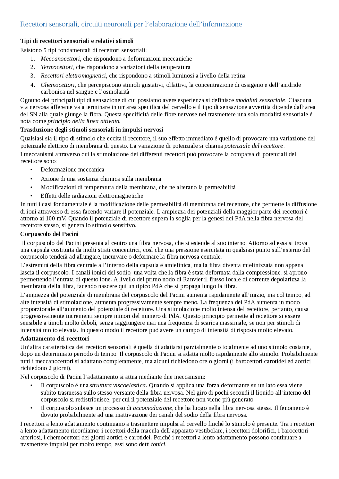 Recettori Sensoriali Résumés De Pysiologie Docsity