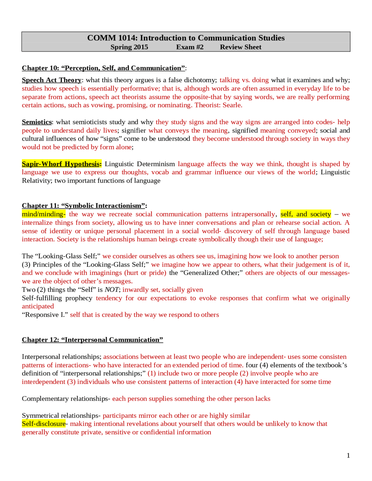 Review Sheet for Exam 2 - Introduction to Communication Studies | COMM 1014 - Docsity