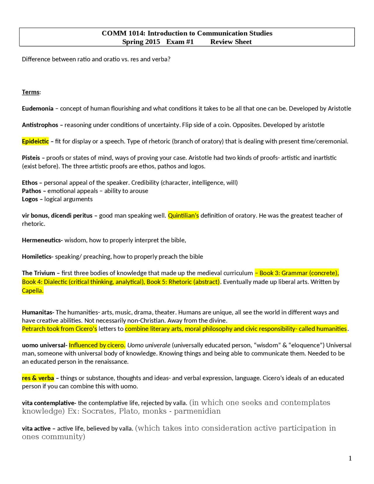 Exam 1 Review Sheet - Introduction to Communication Studies | COMM 1014 ...