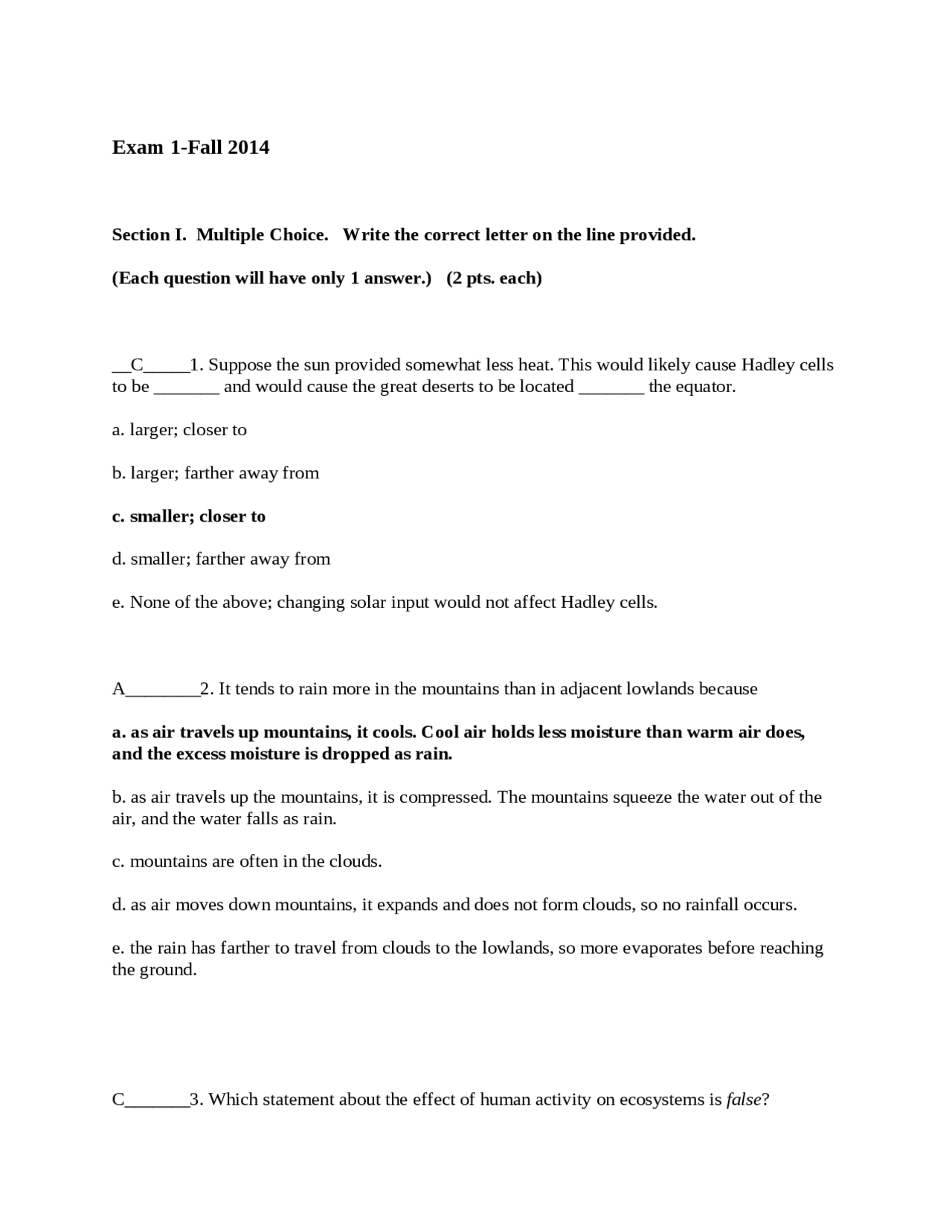 Exam I Answers Principles Of Biology Ii Bsci 106 Docsity