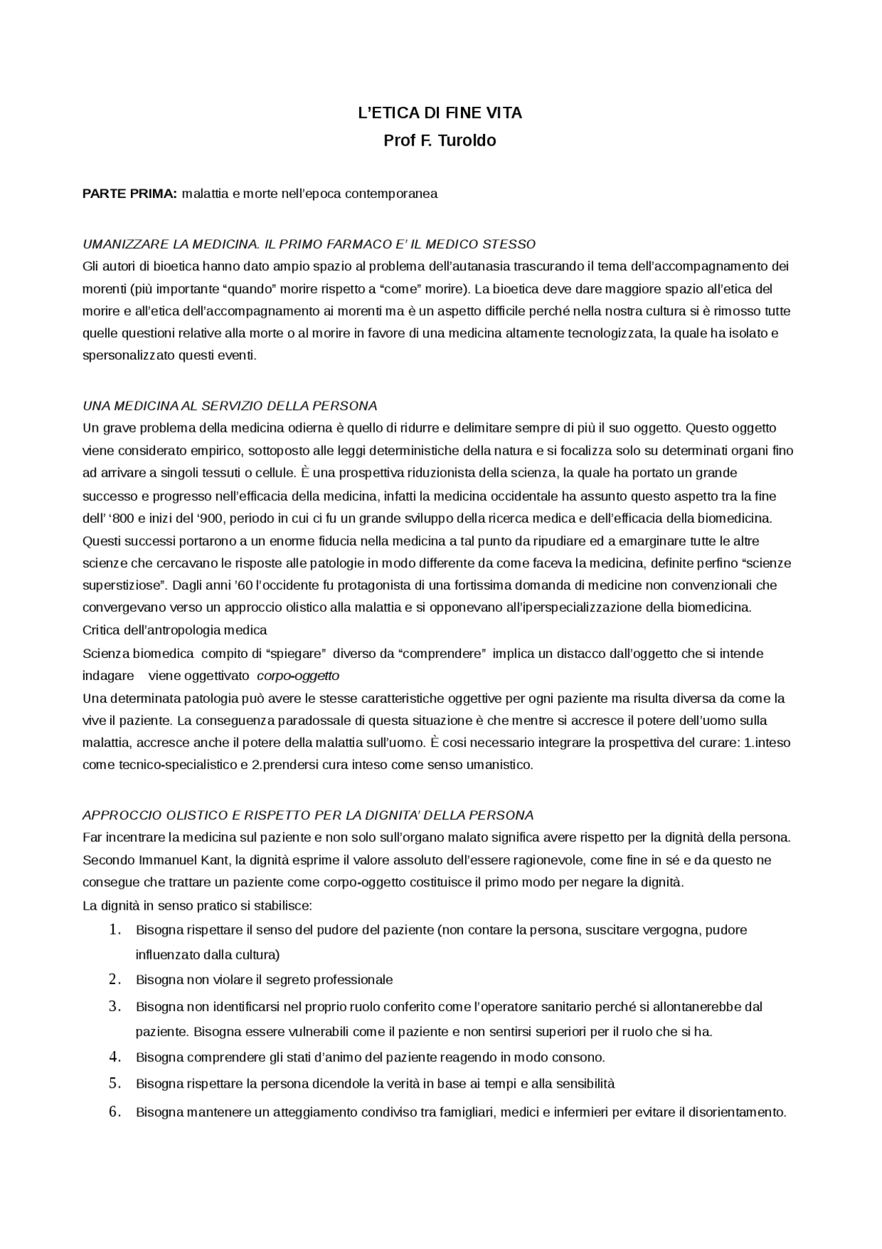Riassunto Di Letica Di Fine Vita Docsity