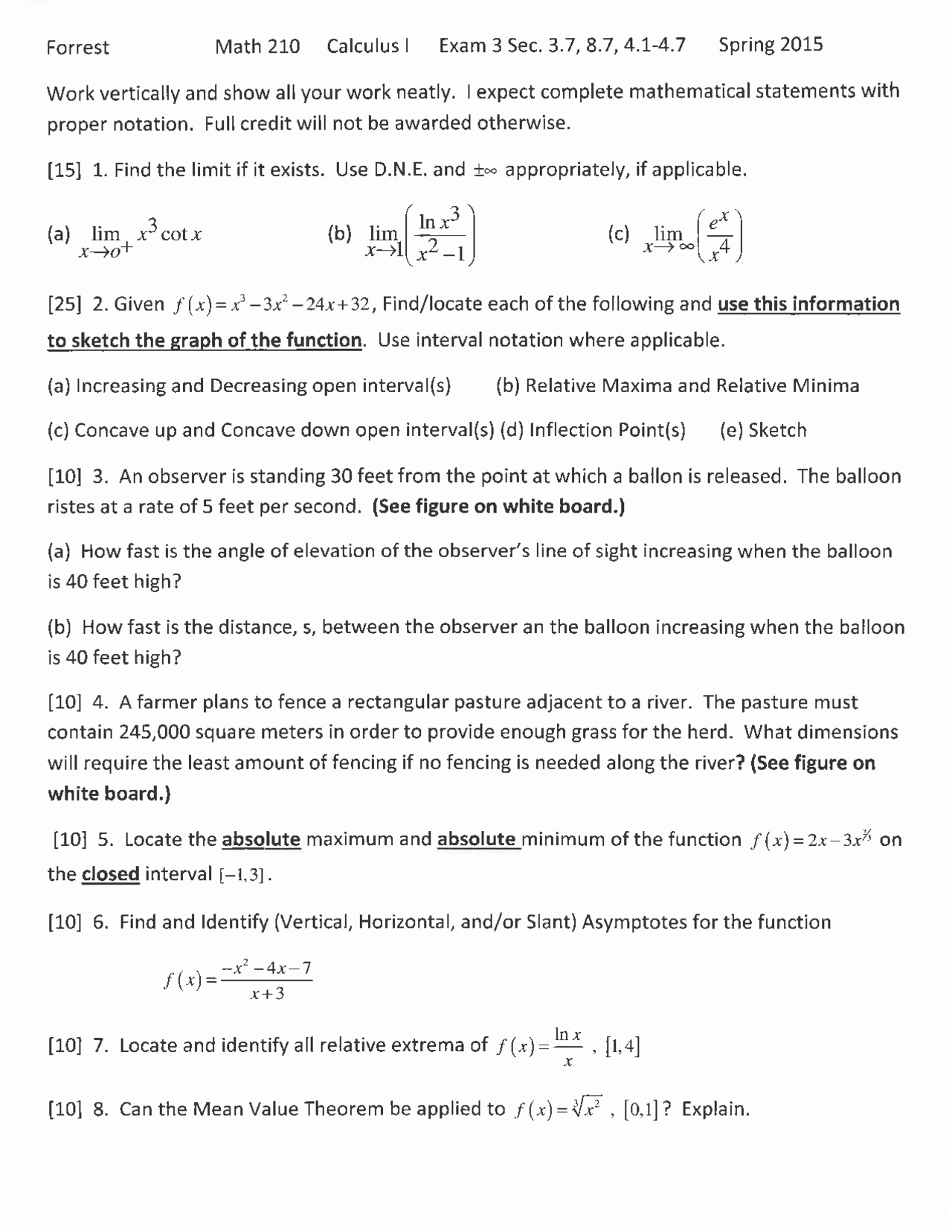 8 Questions On Calculus I Exam Iii Math 210 Docsity