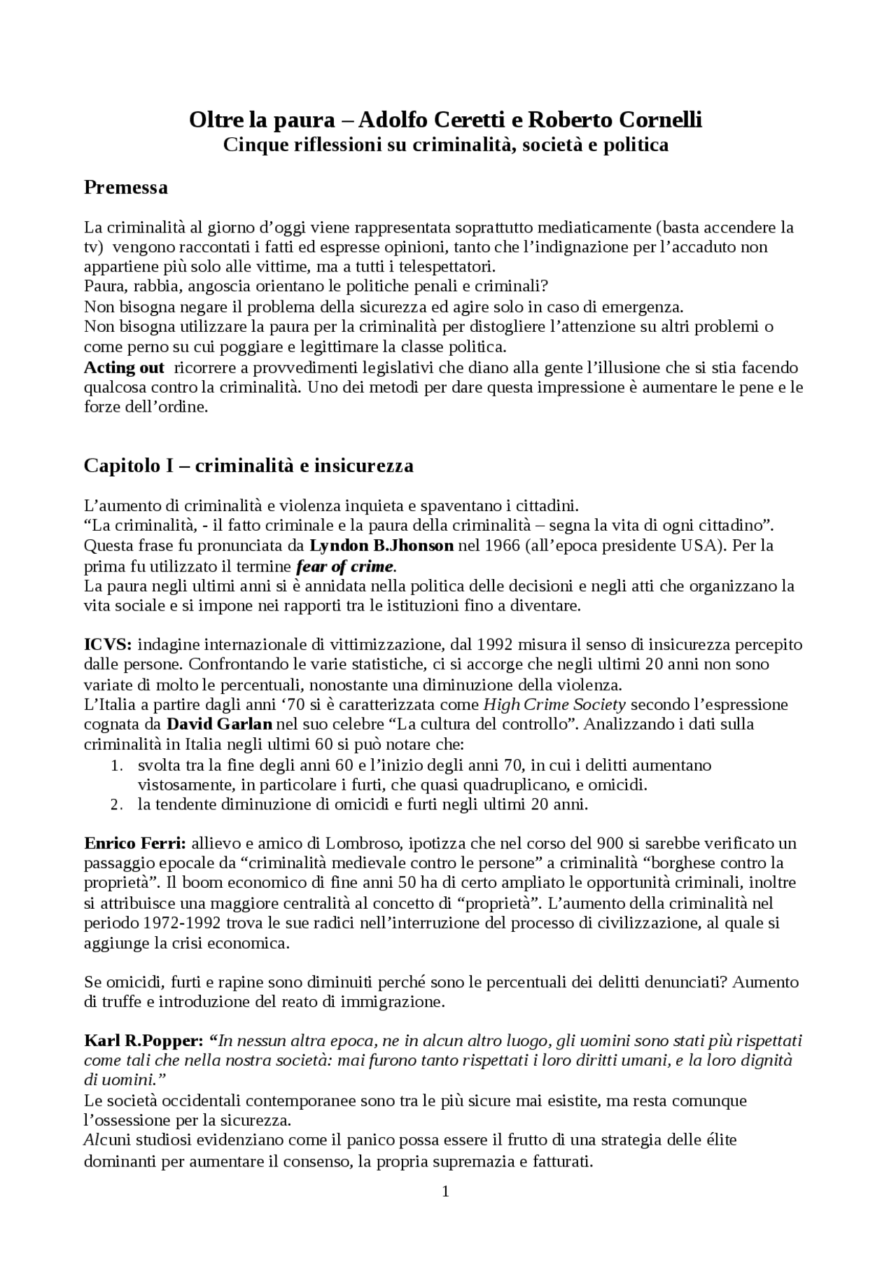 Riassunto di Oltre la paura - Adolfo Ceretti Roberto Cornelli - Docsity