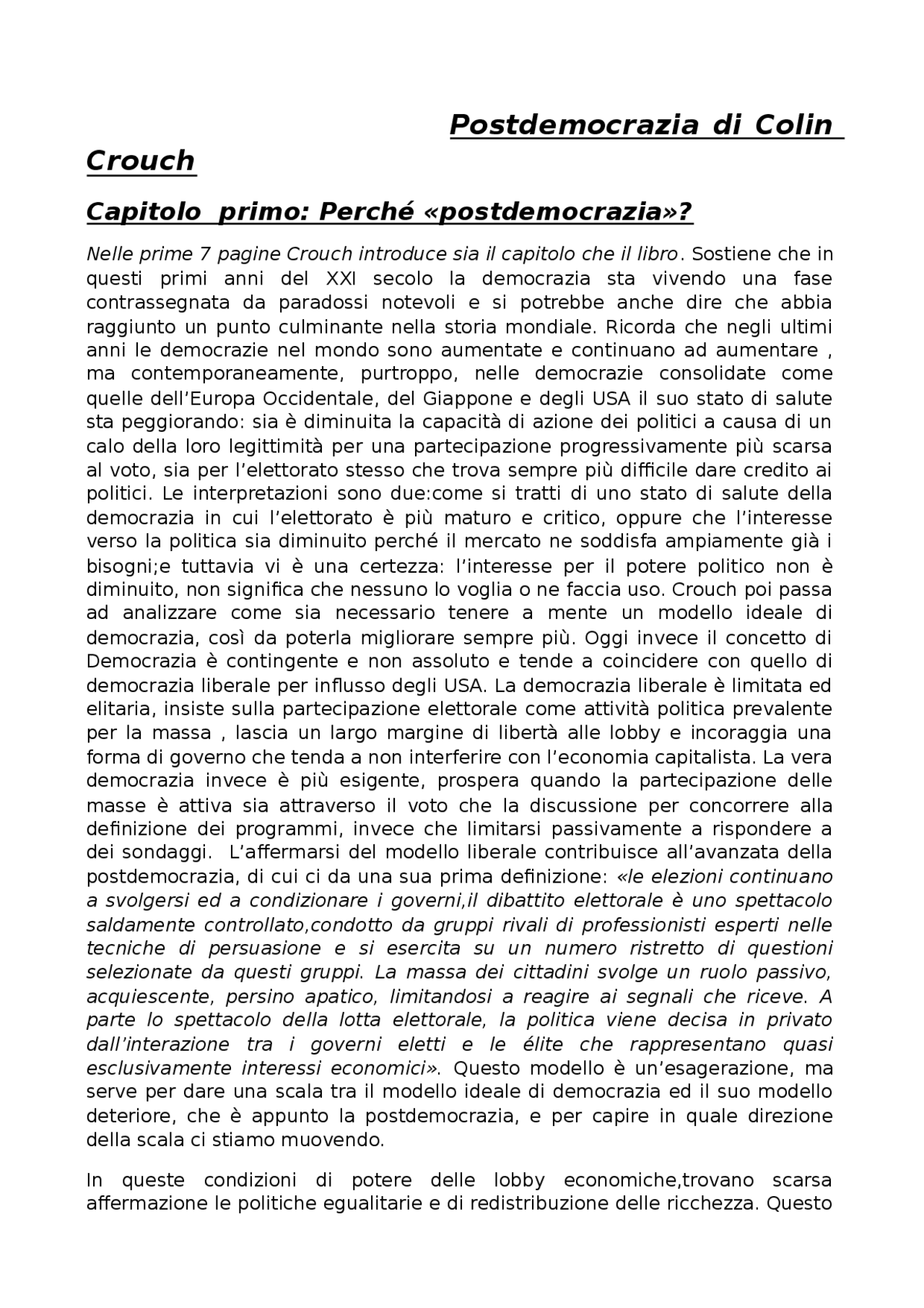 Riassunto Postdemocrazia di colin crouch - Docsity