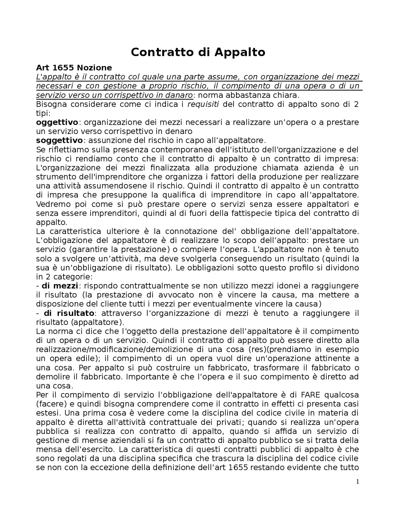 Schema sul Contratto di appalto - Docsity